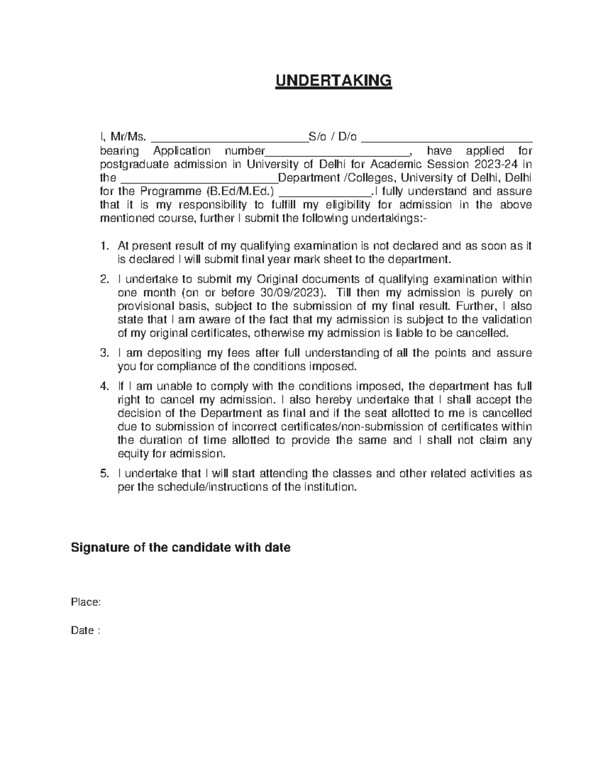 Undertaking for BEd and MEd Students-2023 - I, Mr/Ms. __S/o / D/o