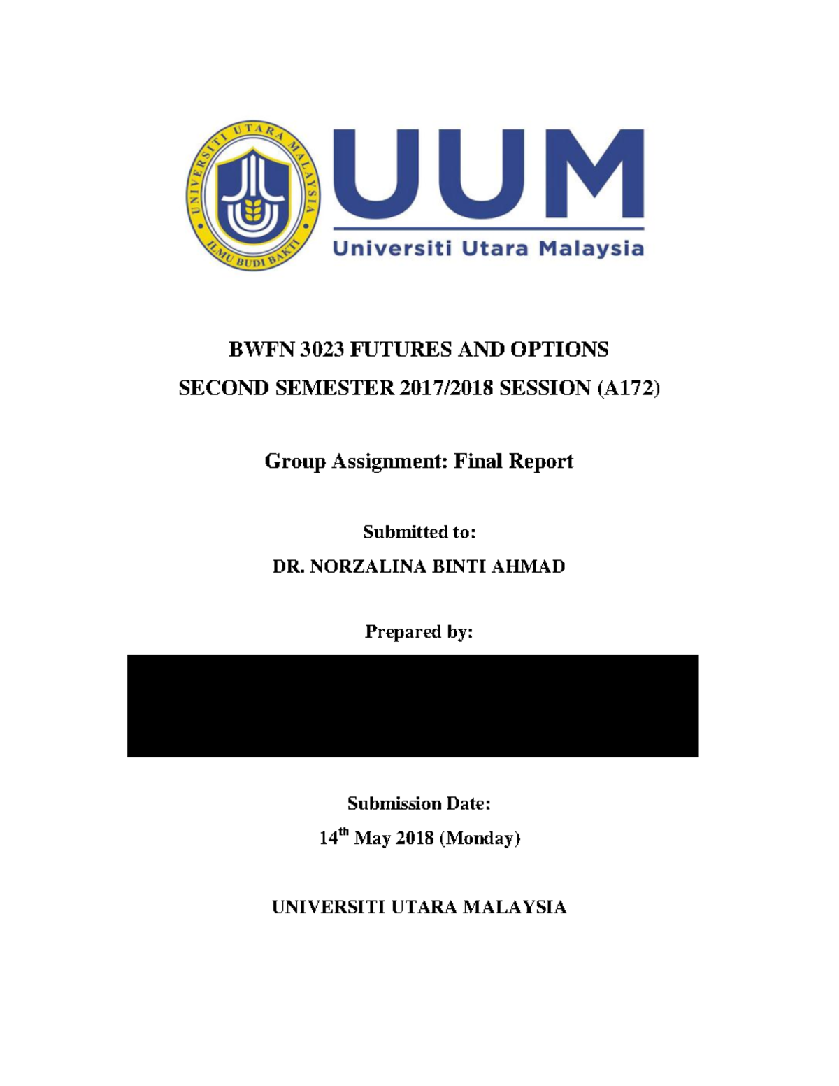 Example Grp Assignment - Index Futures (FKLI) A172 - BWFN 3023 FUTURES AND OPTIONS SECOND ...