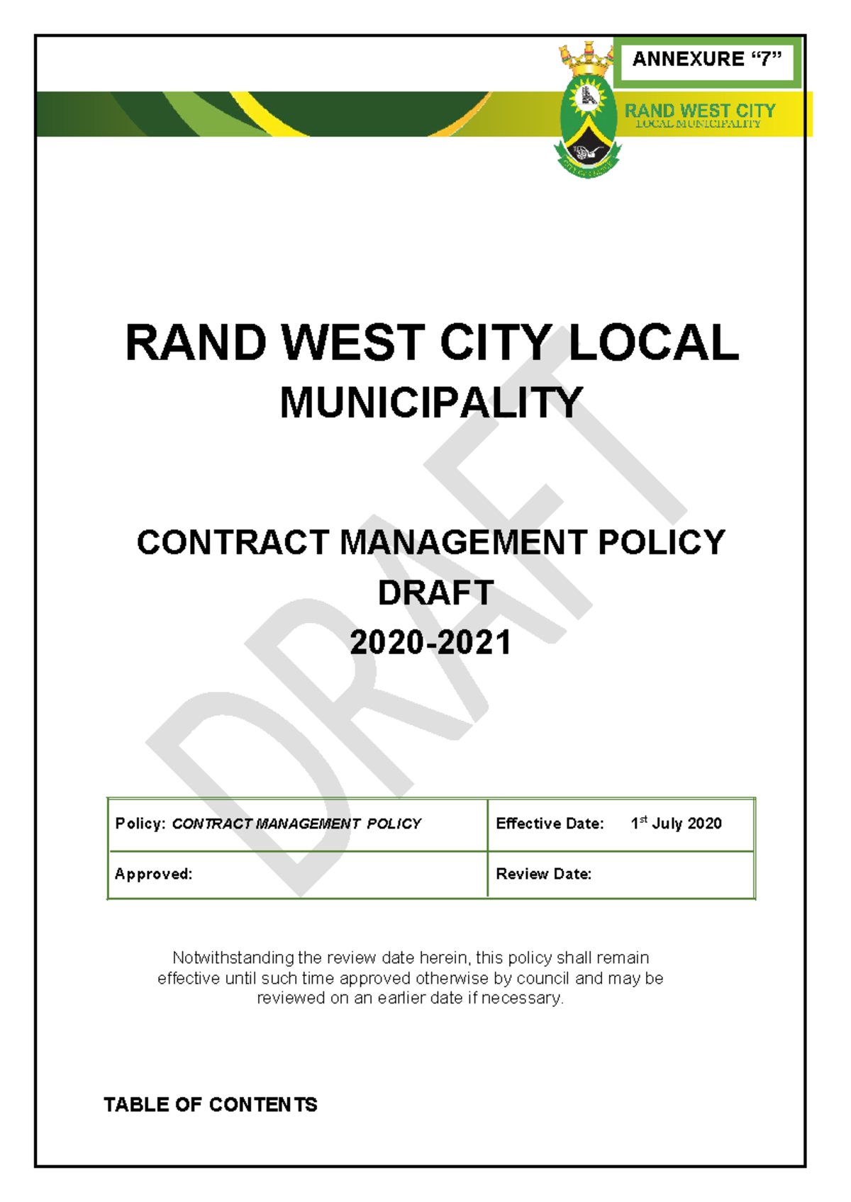 Contract Management Policy 2020-21 - RAND WEST CITY LOCAL MUNICIPALITY ...