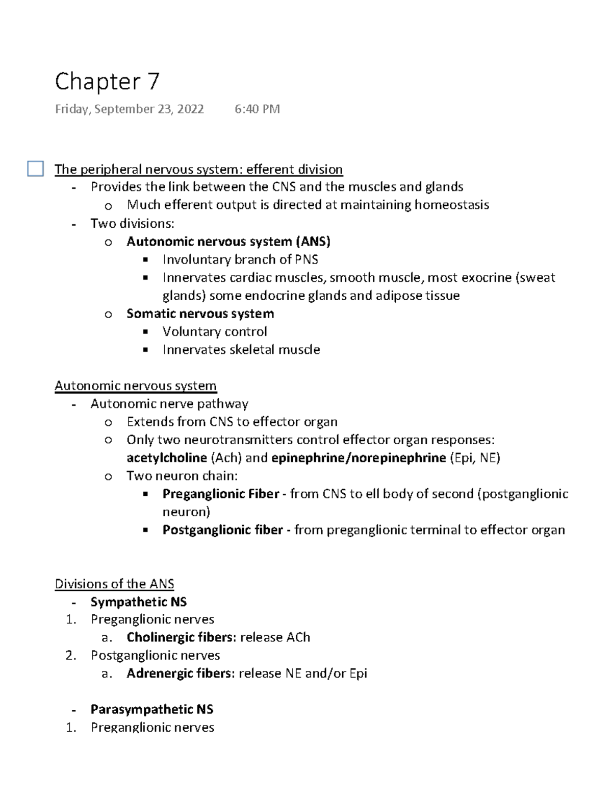 BIO 270 Chapter 7 - The peripheral nervous system: efferent division ...