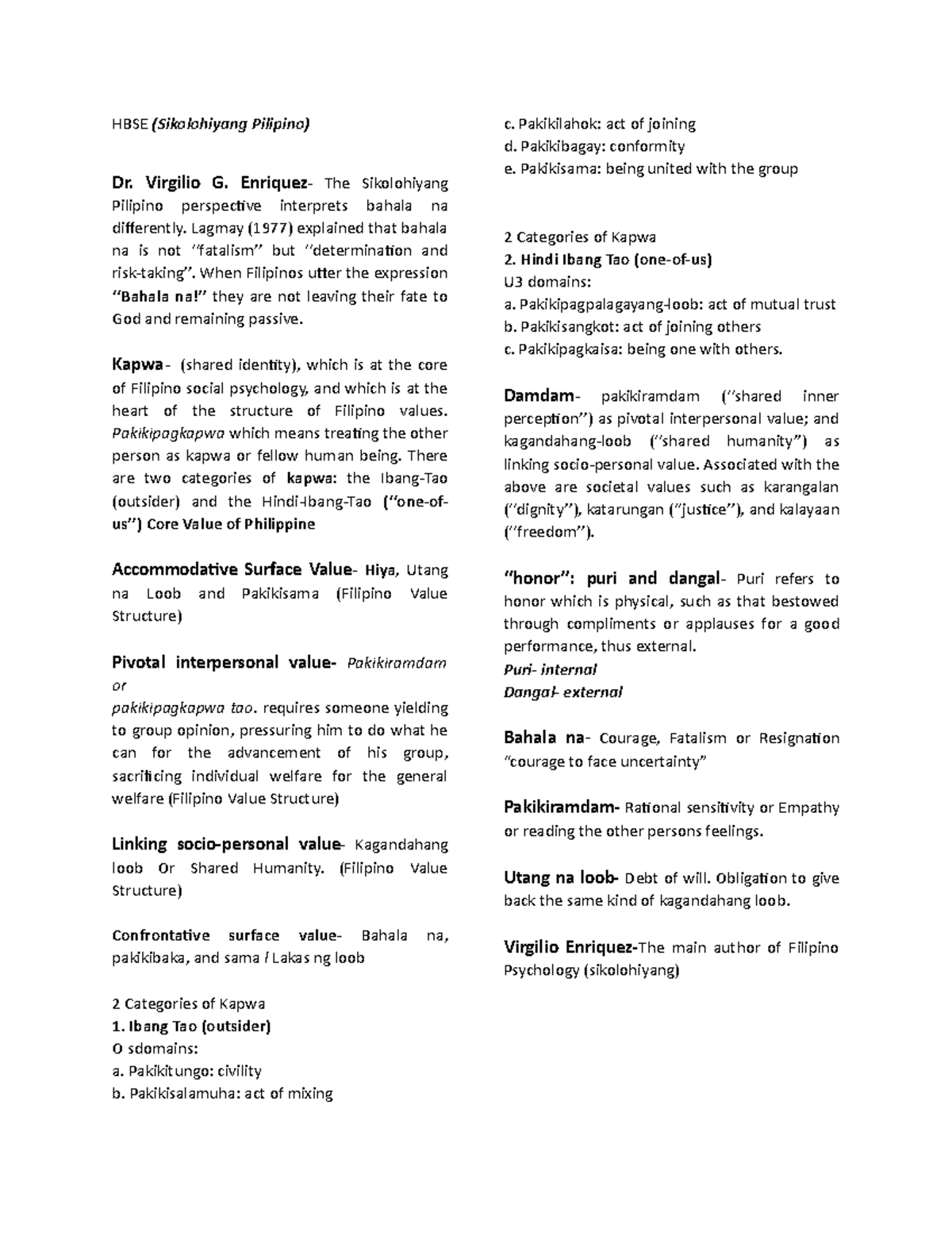 HBSE- Notes - HBSE (Sikolohiyang Pilipino) Dr. Virgilio G. Enriquez ...
