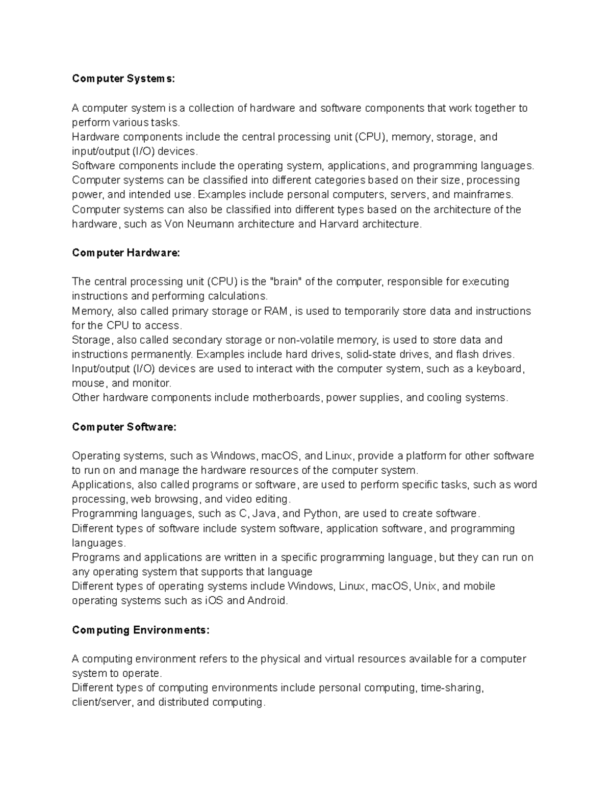 CS 159 Chapter 1 Lecture Notes - Computer Systems: A computer system is ...