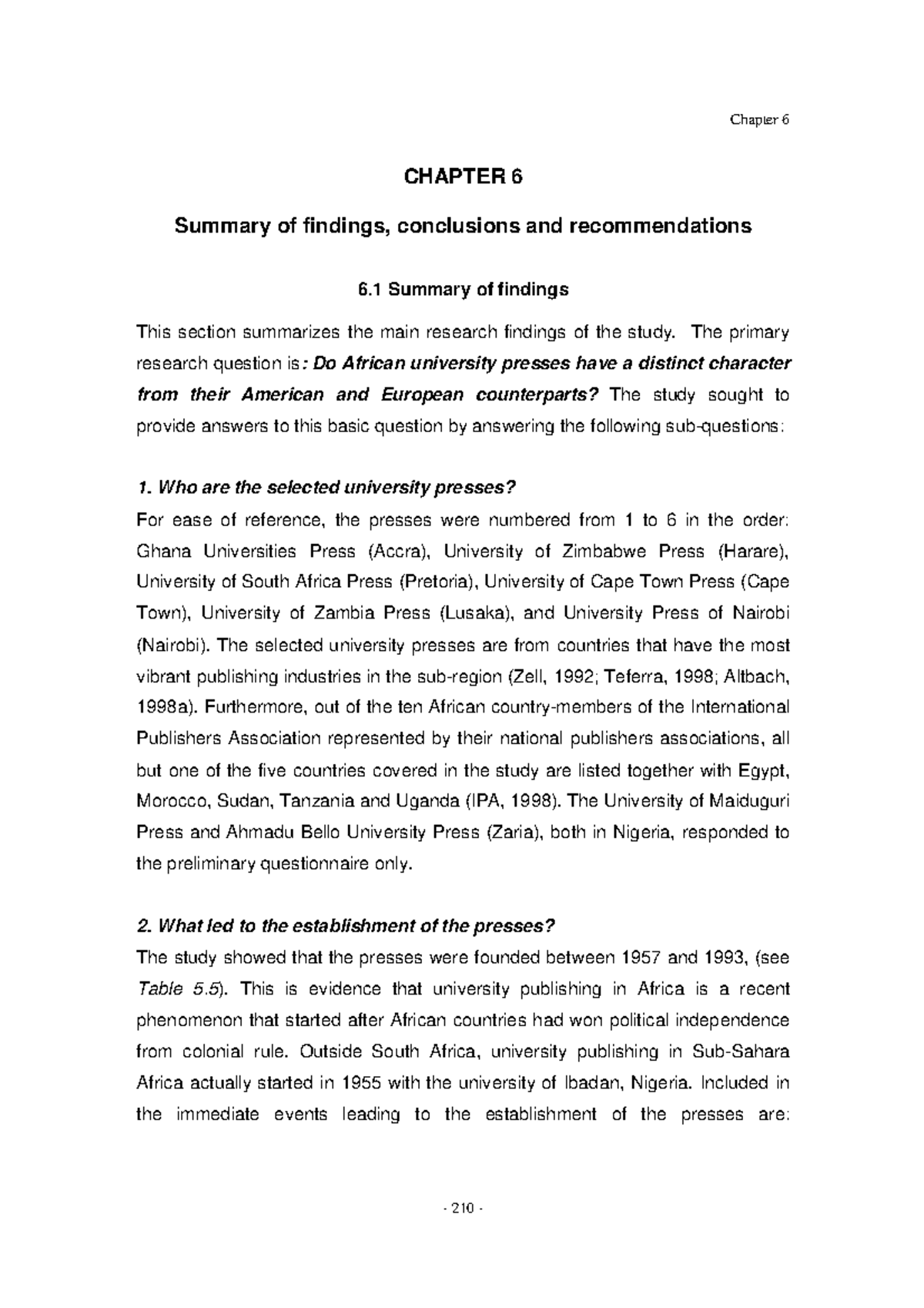 Chapter 6 - This section summarizes the main research findings of the ...