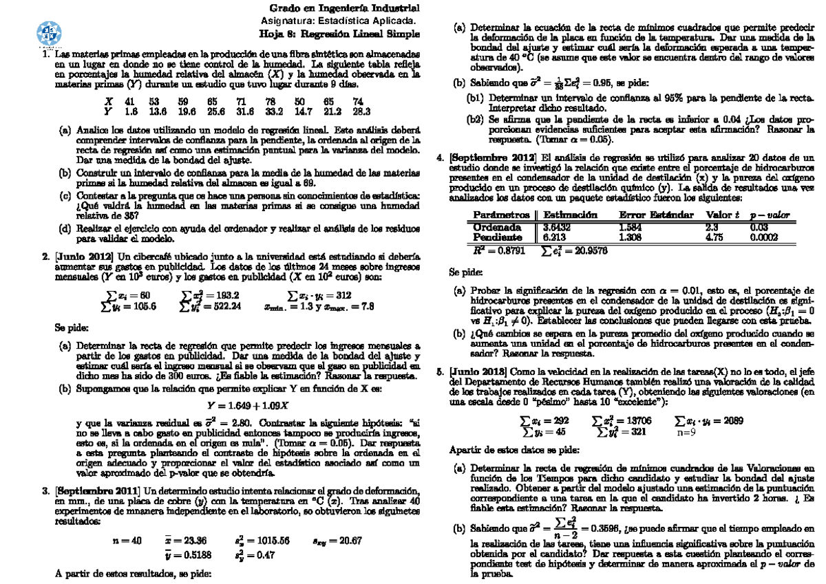 Tema 8 problemas - Estadística Aplicada - Asignatura: Estadística Aplicada. n= - Studocu