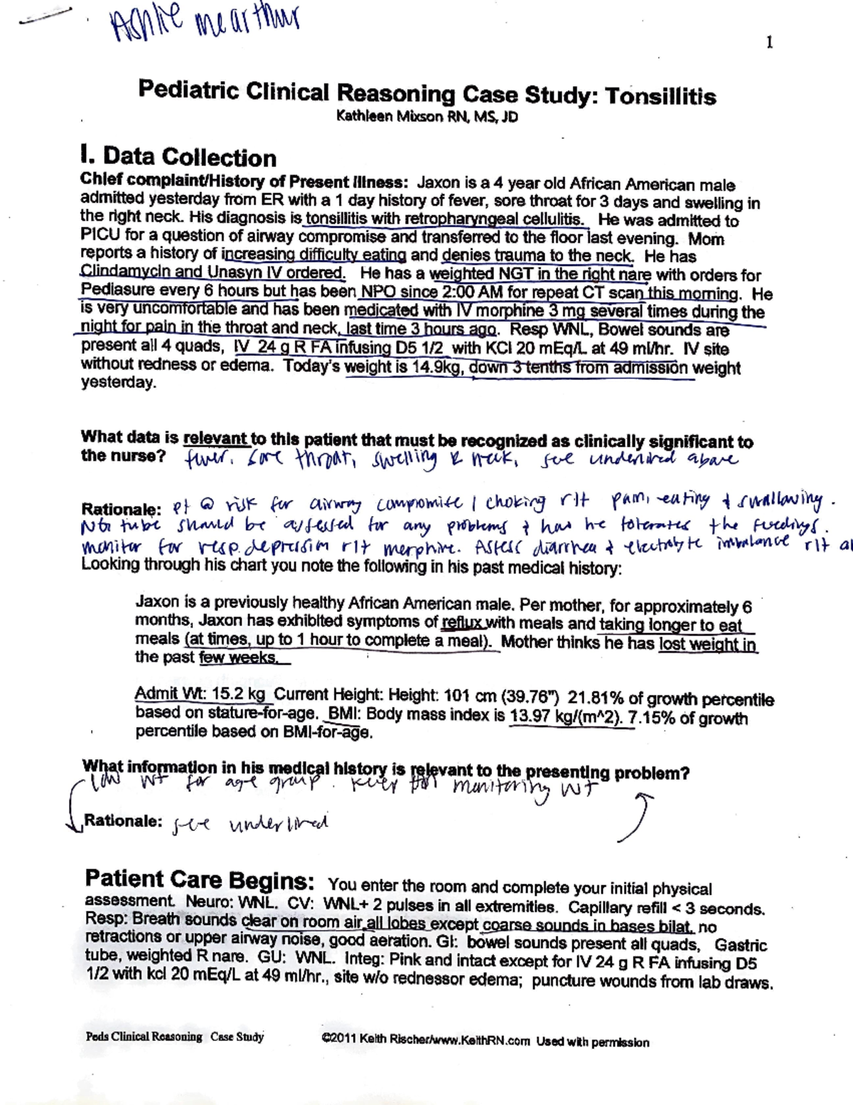 Peds case study - Ashlie mearthur 1 Pediatric Clinical Reasoning Case ...