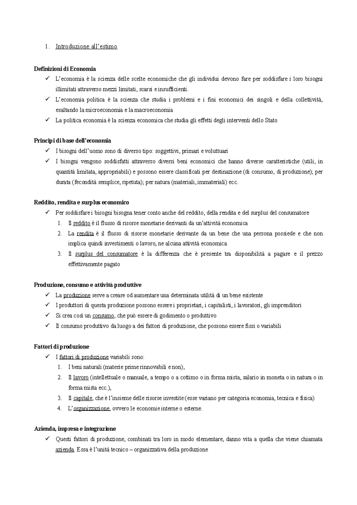 Estimo Esame - 1. Introduzione all’estimo Definizioni di Economia L ...