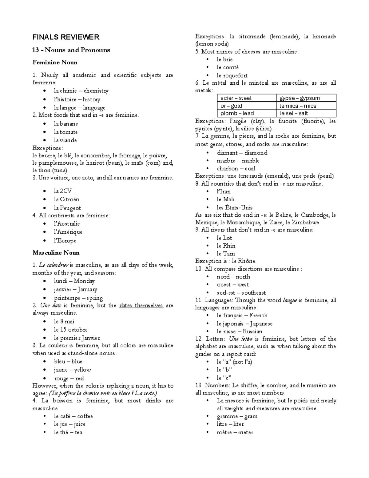 Finals Reviewer - FINALS REVIEWER 13 - Nouns and Pronouns Feminine Noun ...