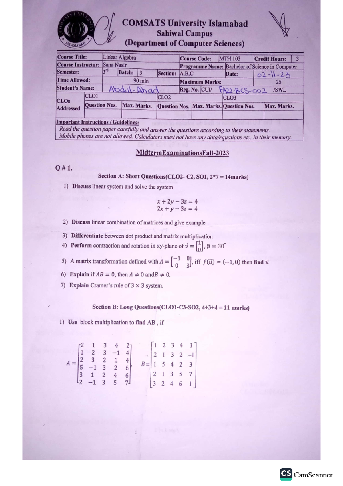 LA - Mid Term FA22 - MTH321 - Linear Algebra - CamScanner CamScanner - Studocu