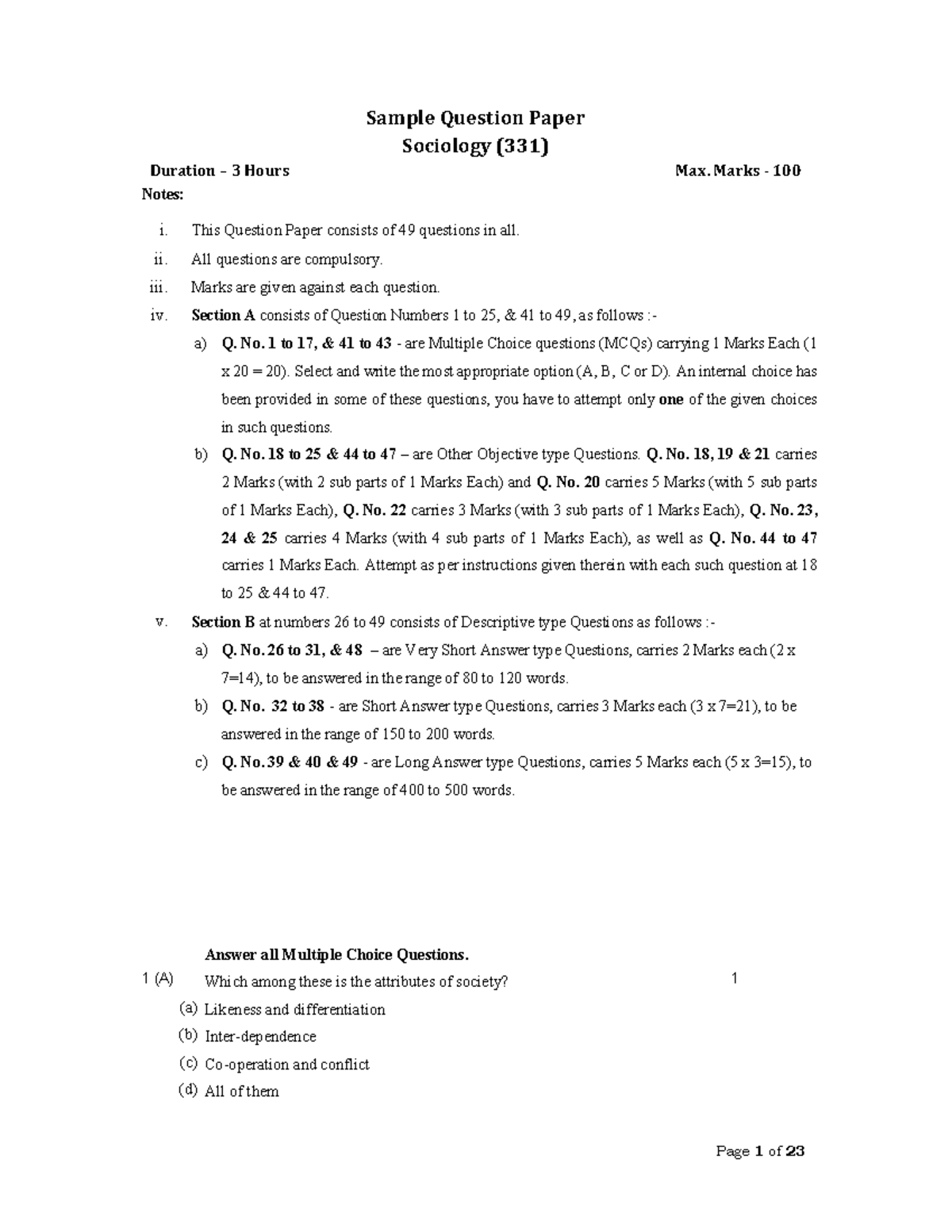 331 - Sample Question Paper Sociology (331) Duration – 3 Hours Max ...