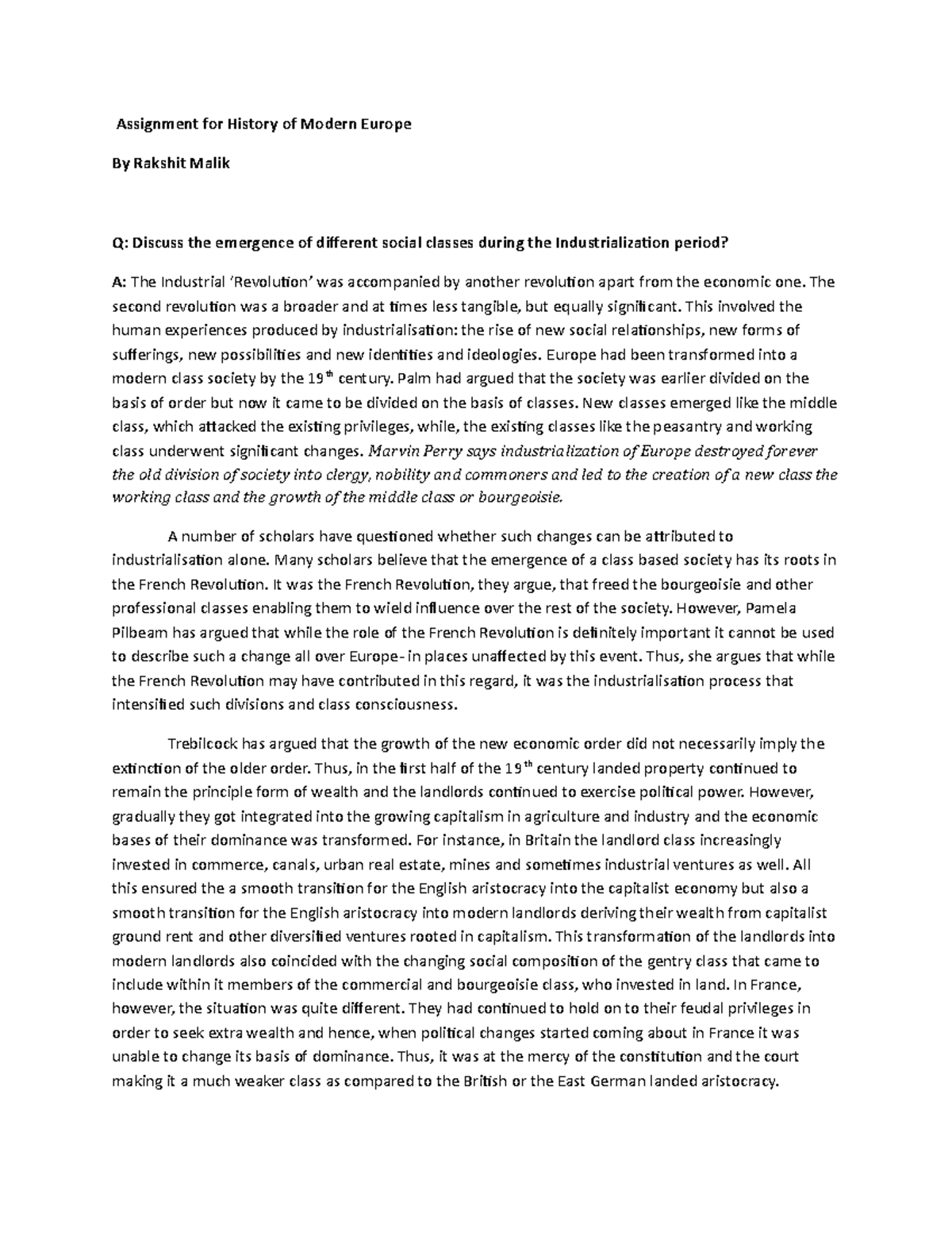 Emergence of different social classes during the Industrialization ...