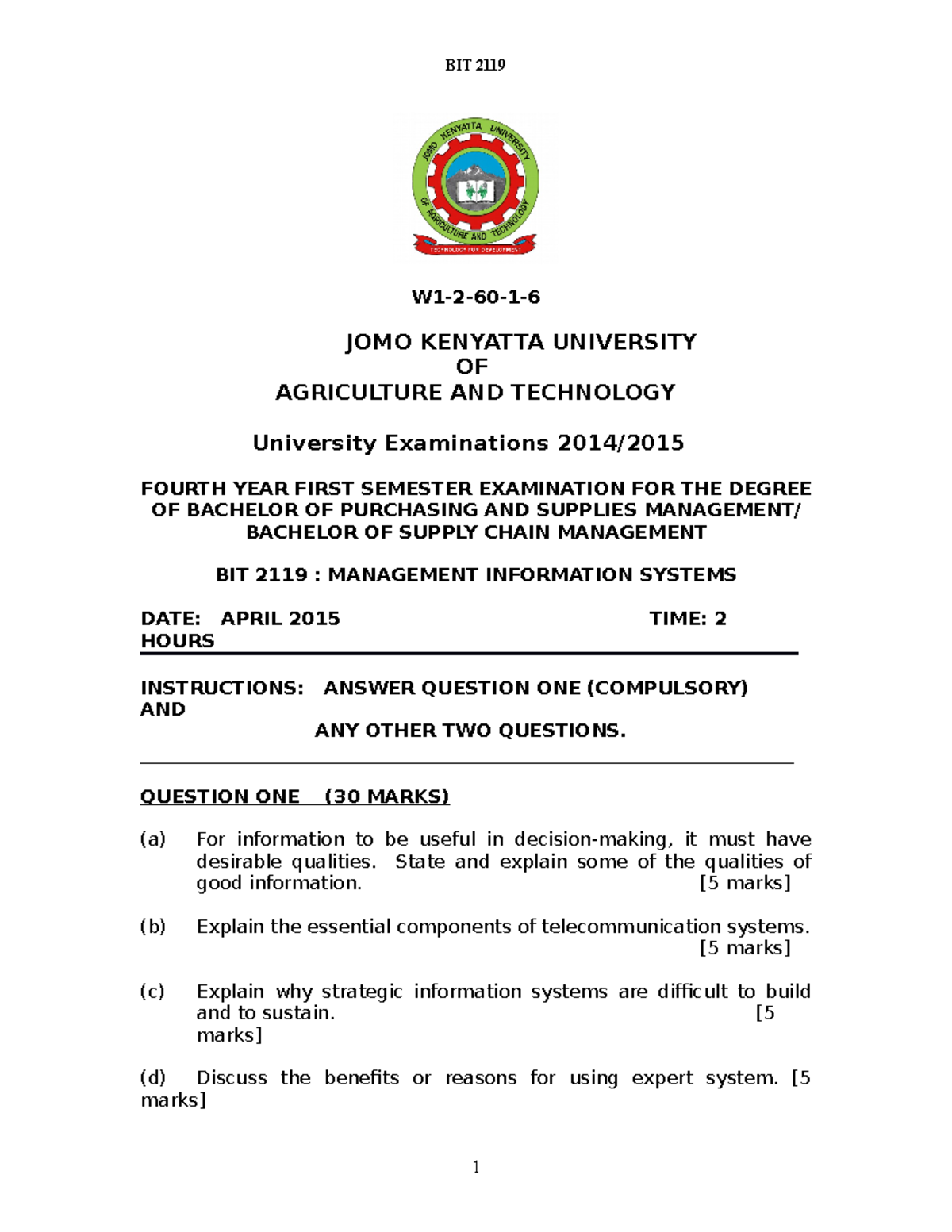 Procurement question papers - BIT 2119 W1-2-60-1- JOMO KENYATTA ...