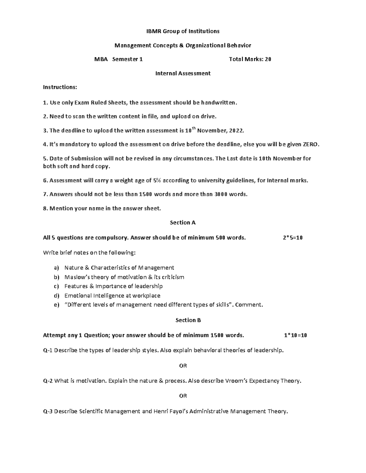 MCOB MBA1 Internal Assessment - IBMR Group of Institutions Management ...