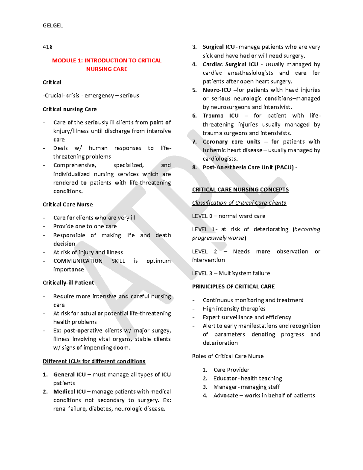 418-prelim - 418 topics - 418 MODULE 1: INTRODUCTION TO CRITICAL NURSING CARE Critical -Crucial ...