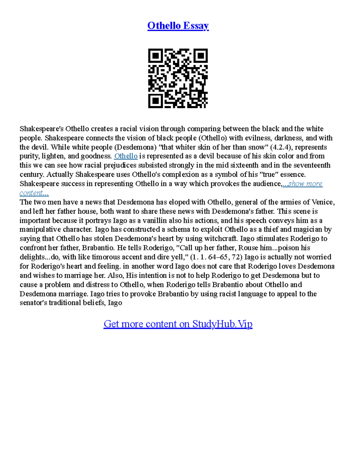 Othello Essays Othello Essays - Othello Essay Shakespeare's Othello ...