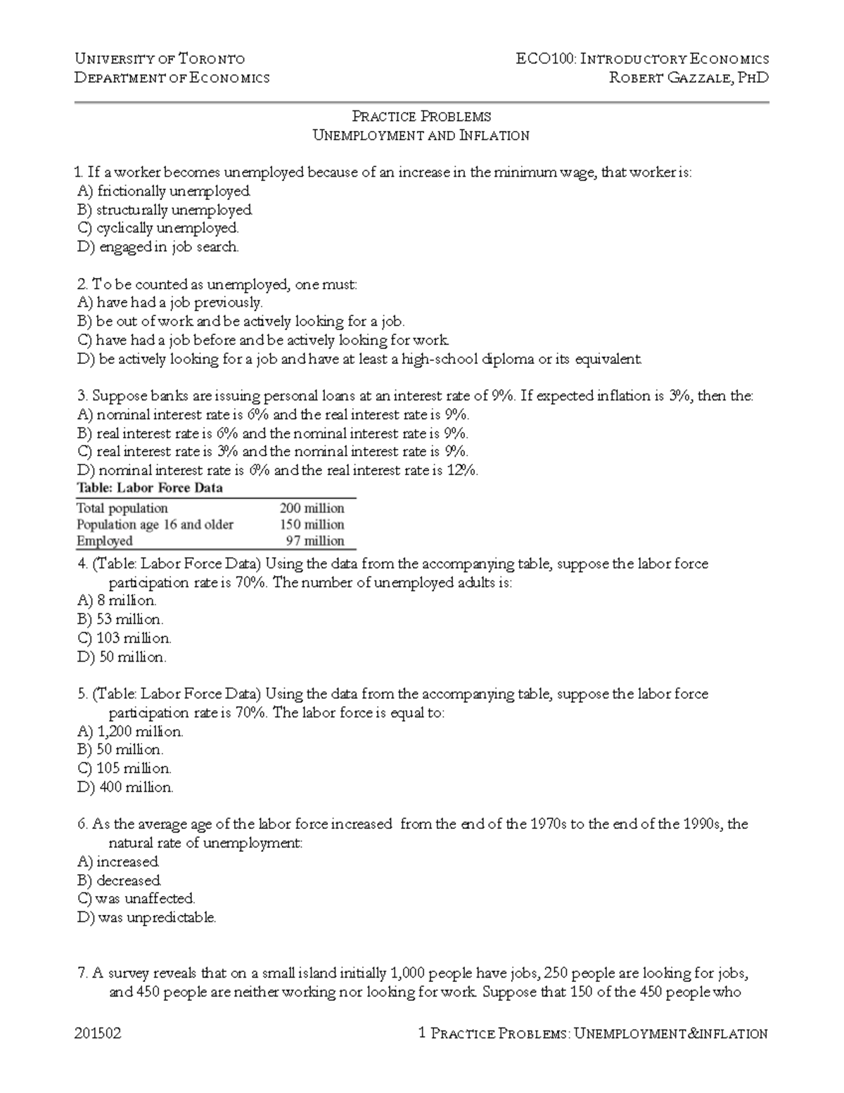 Practice Problems Unemployment And Inflation 2015 02 - UNIVERSITY OF ...