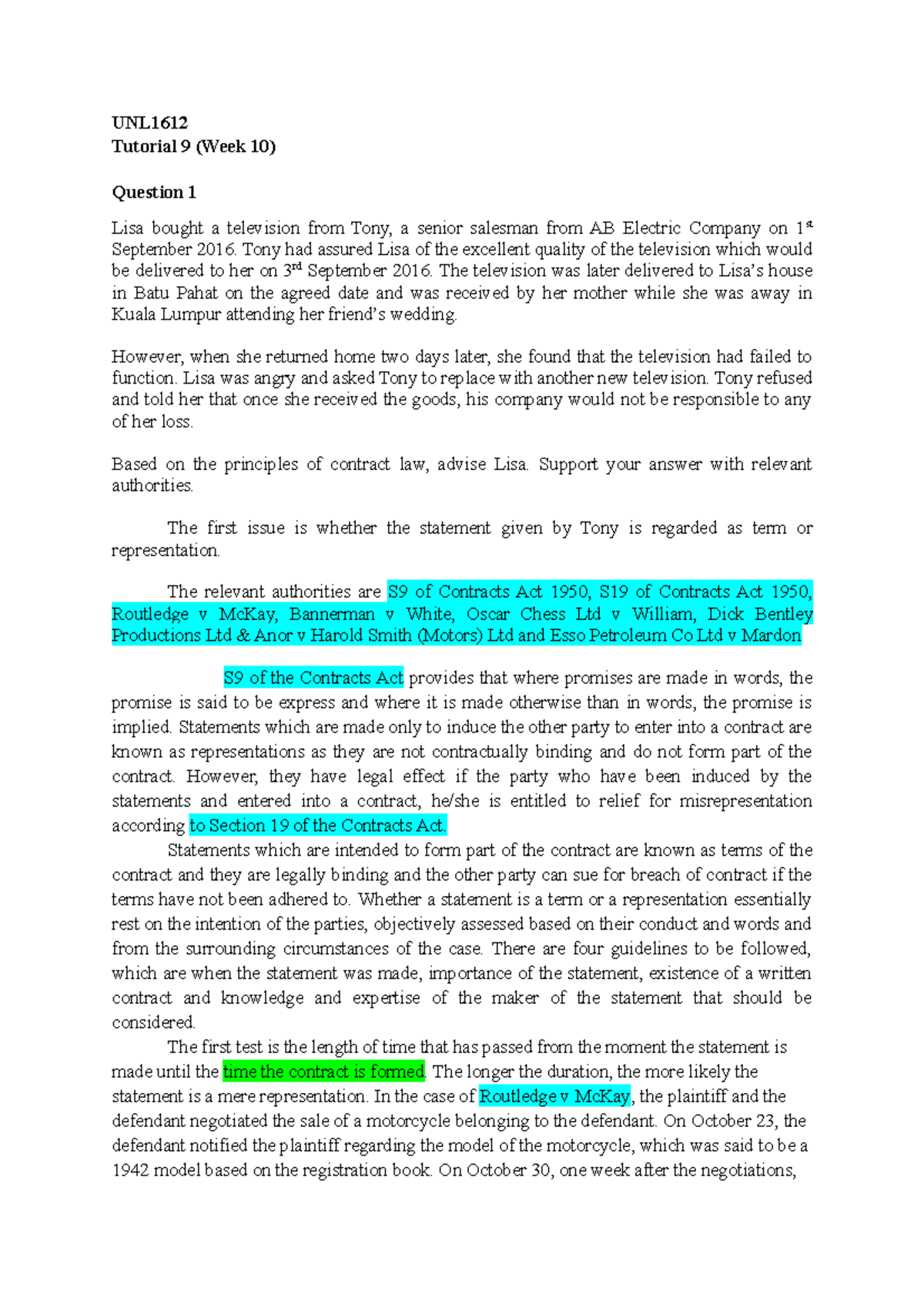 Contracts Tutorial 9 Unl Tutorial 9 Week 10 Question 1 Lisa