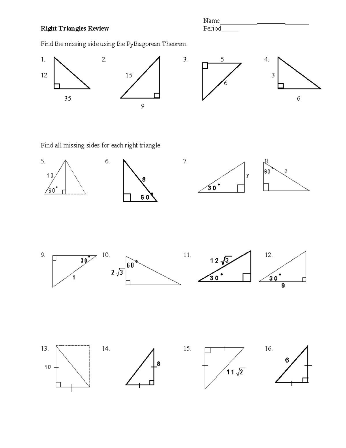 HW Right Triangle Review - 6 0 1 0 8 6 0 7 3 0 6 0 2 1 3 0 2 3 6 0 1 2 ...