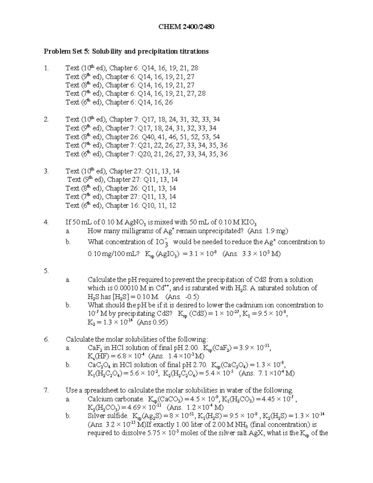 Problem Set 5 2023W - CHEM 2400/ Problem Set 5: Solubility and ...
