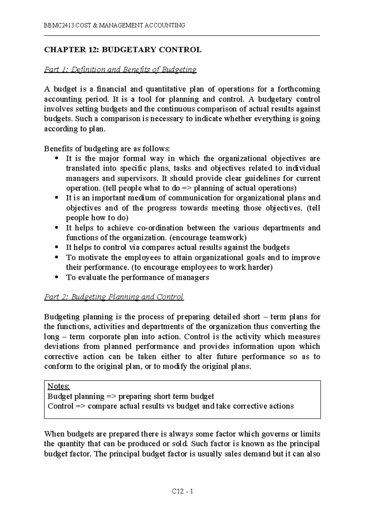 Chapter 12 Budget 2022 - cost and management accounting lecture notes ...