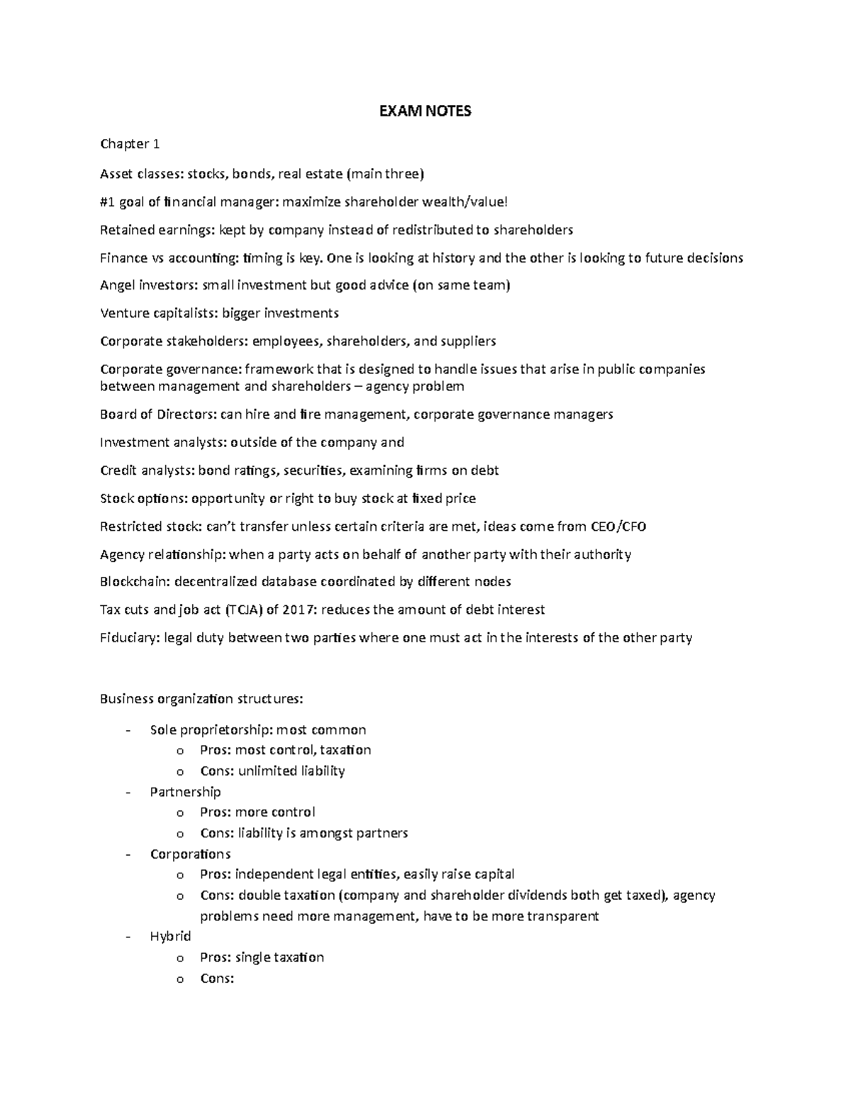 Exam 1 notes FIN 350 - EXAM NOTES Chapter 1 Asset classes: stocks ...