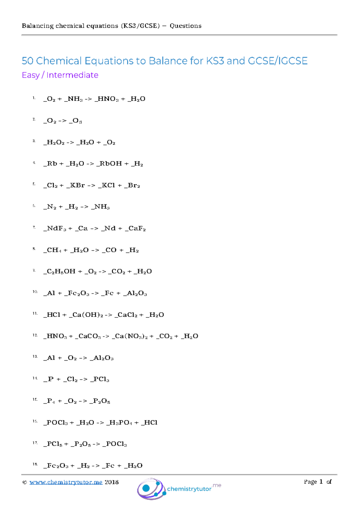 Balancing chemical equations worksheet 1 QP - Balancing chemical ...