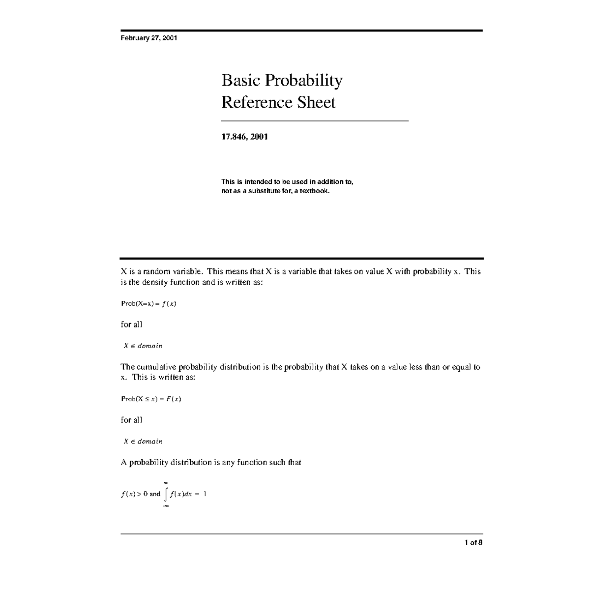 Summarize of probability distributions - February 27, 2001 1 of 8 Basic ...