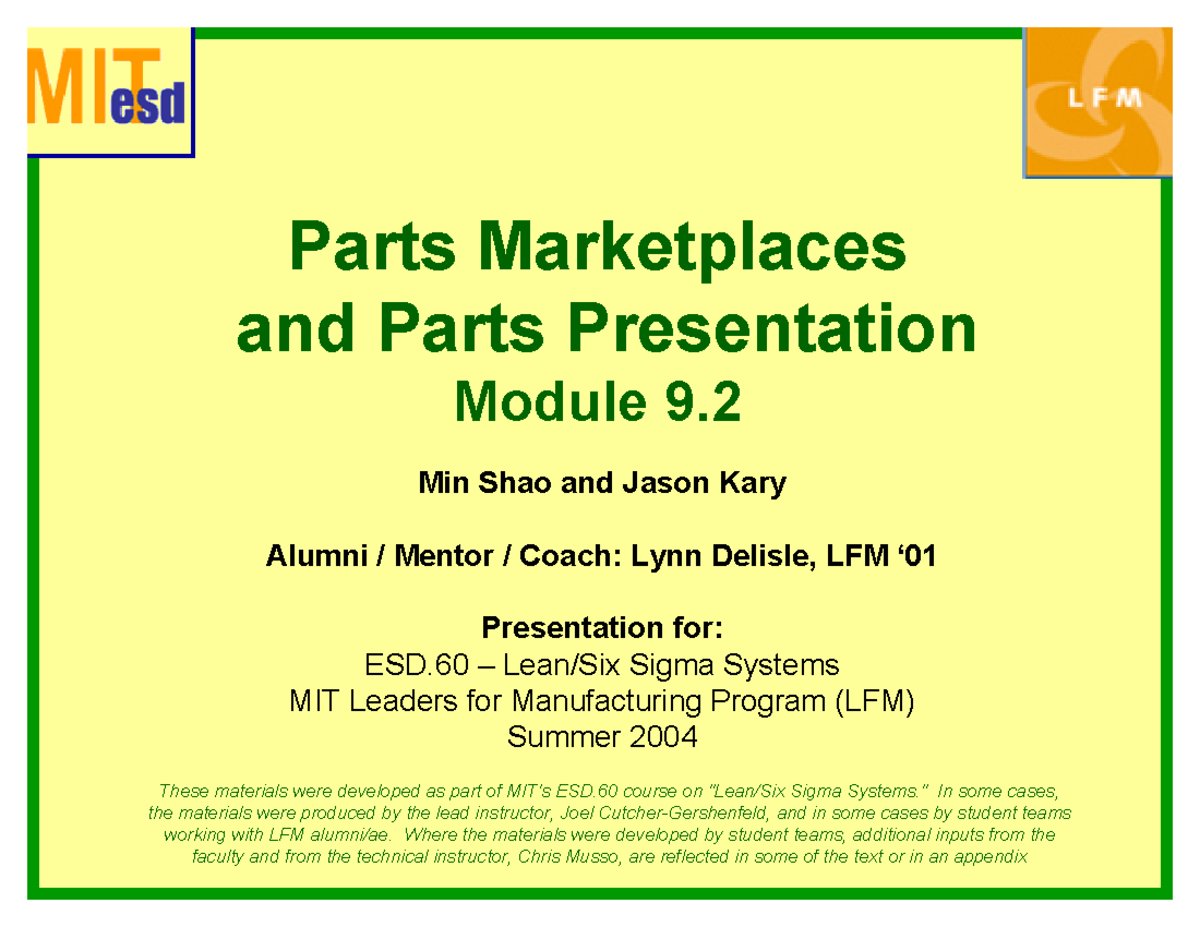 INDU 321-Lecture-11 - INDU 321-Lecture-11 - Parts Marketplaces and ...