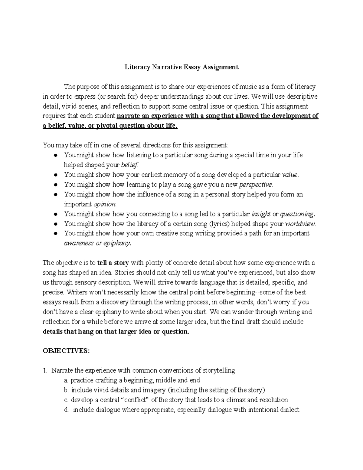 Literacy Narrative on Music Experience Assignment Sheet - Literacy ...