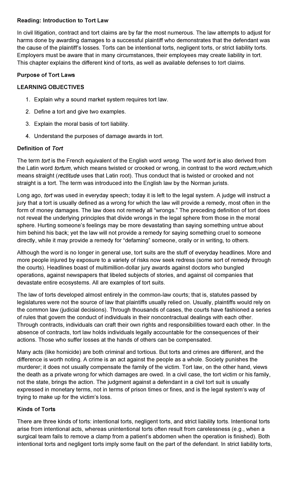 Tort Law - law of tort - Reading: Introduction to Tort Law In civil ...