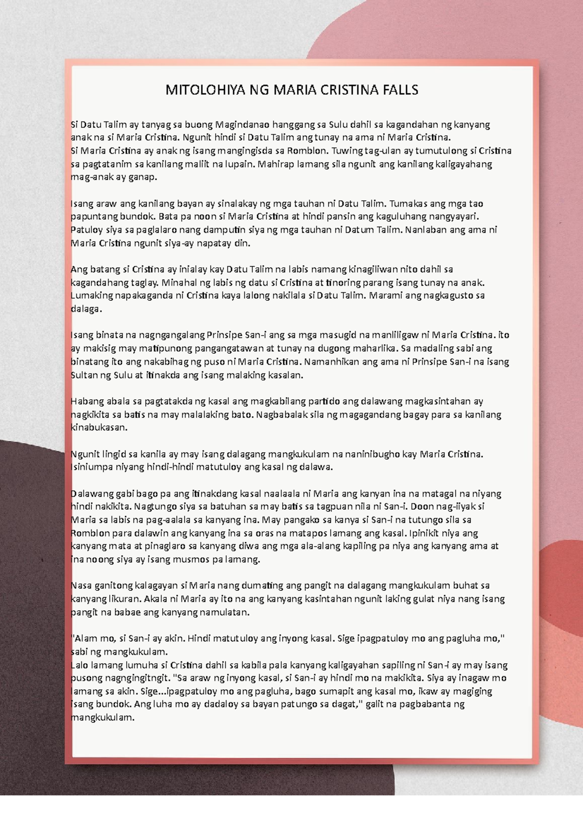 Mitolohiya NG Maria Cristina Falls - MITOLOHIYA NG MARIA CRISTINA FALLS ...