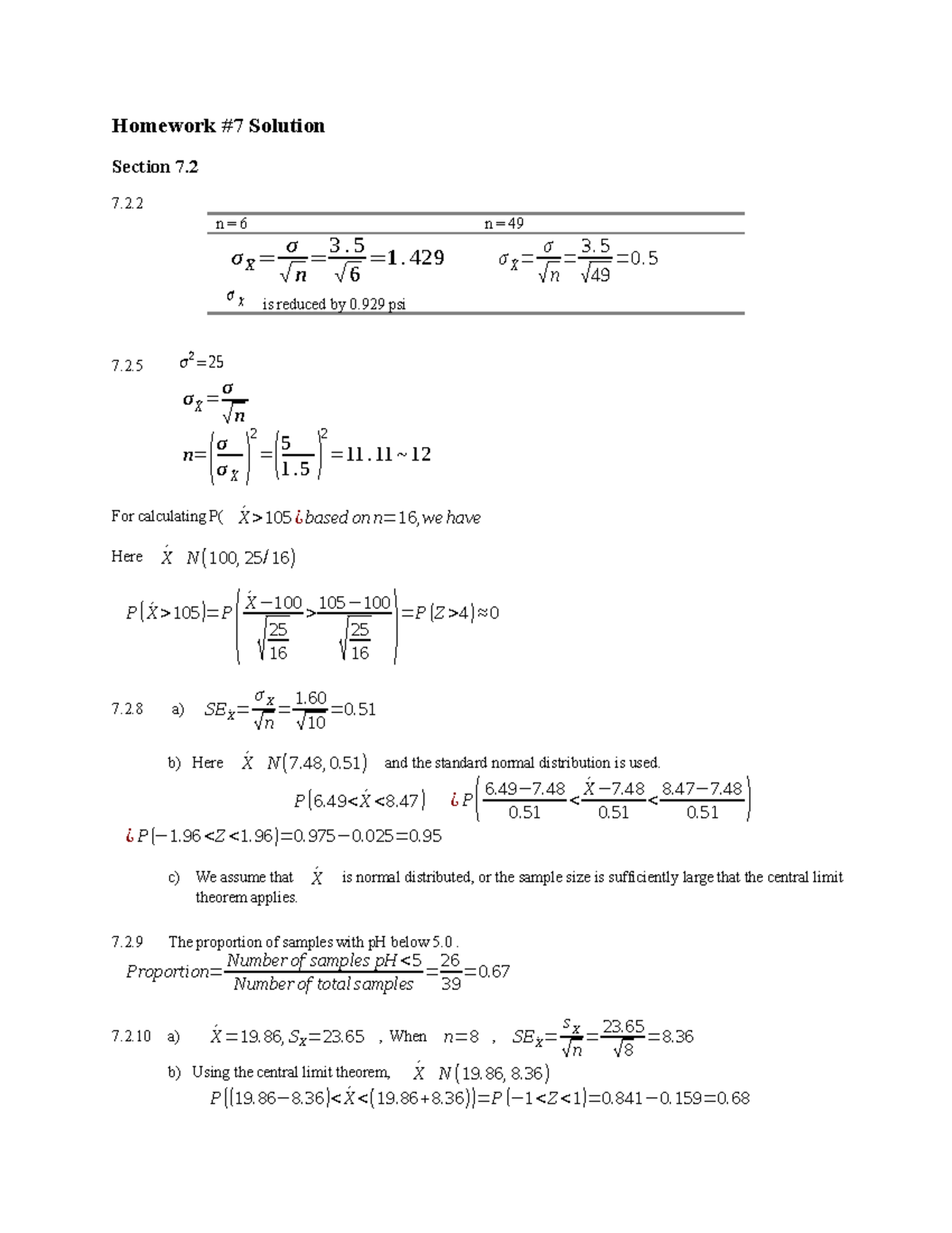 Homework#7 Solution - Homework #7 Solution Section 7. n = 6 n = 49 σ X ...