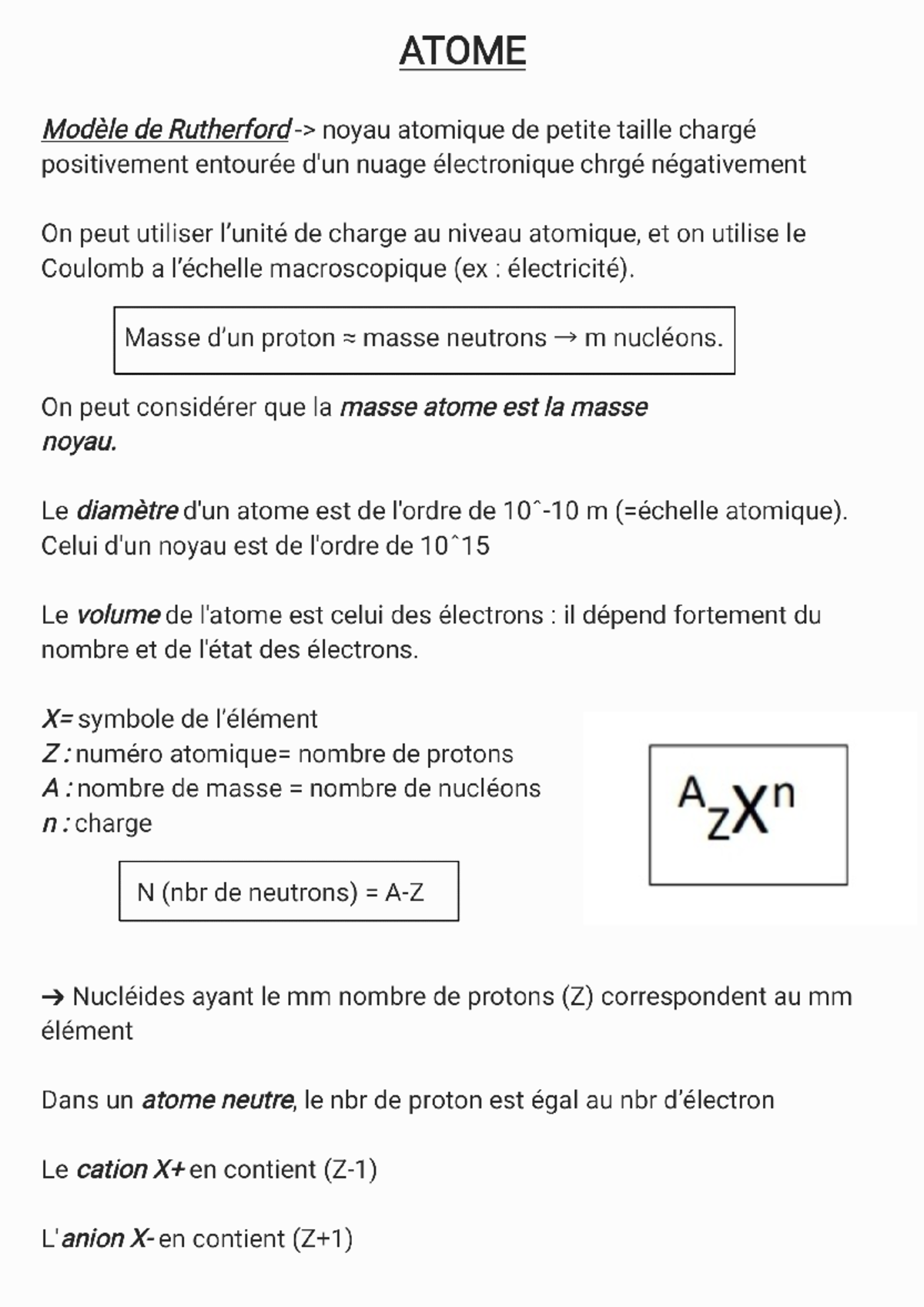 Fiche récapitulatif de l'atome - ATOME Modèle de Rutherford noyau ...
