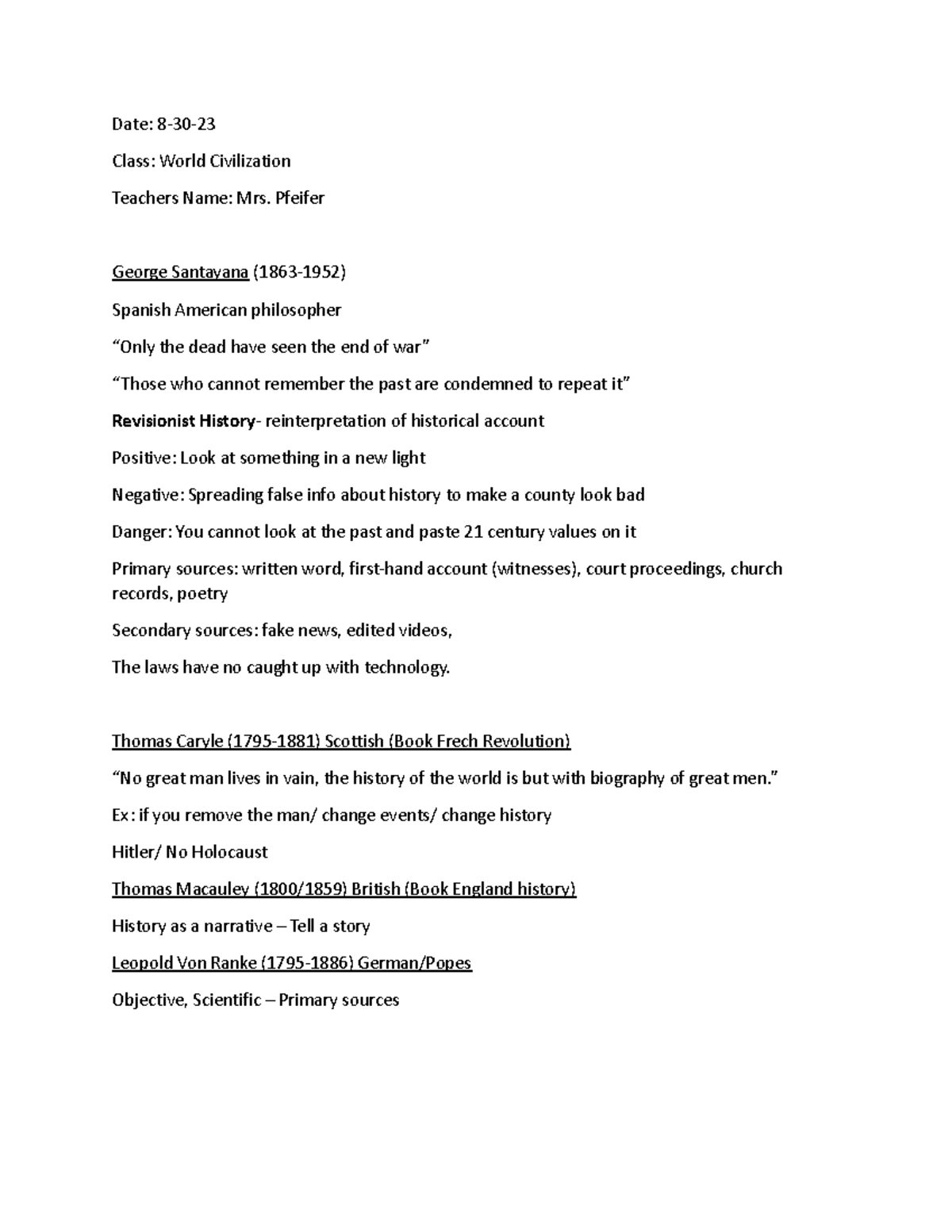 World civilzaion - Date: 8-30- Class: World Civilization Teachers Name ...