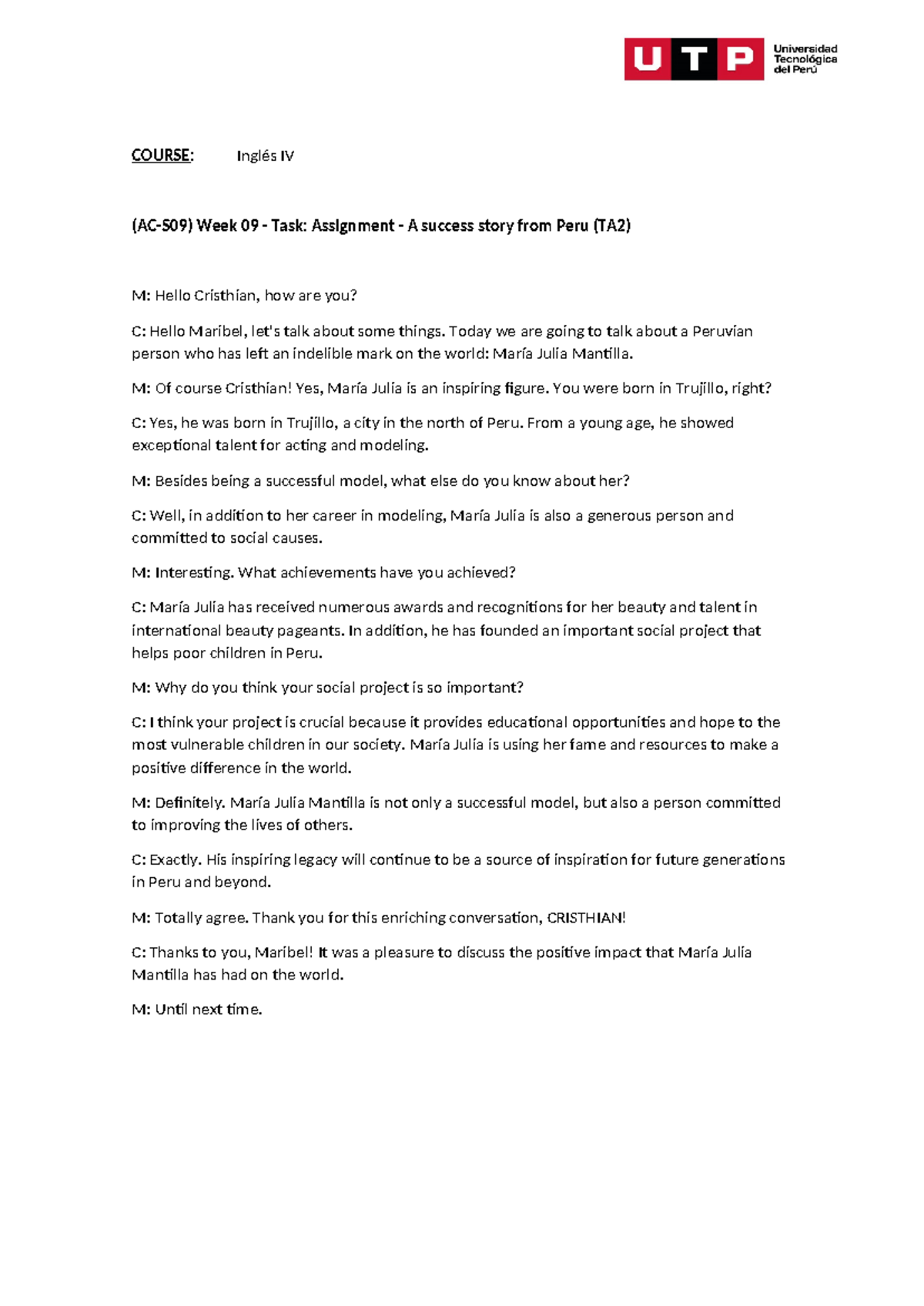 Semana 9 ( TA2) - COURSE: Inglés IV (AC-S09) Week 09 - Task: Assignment - A success story from ...