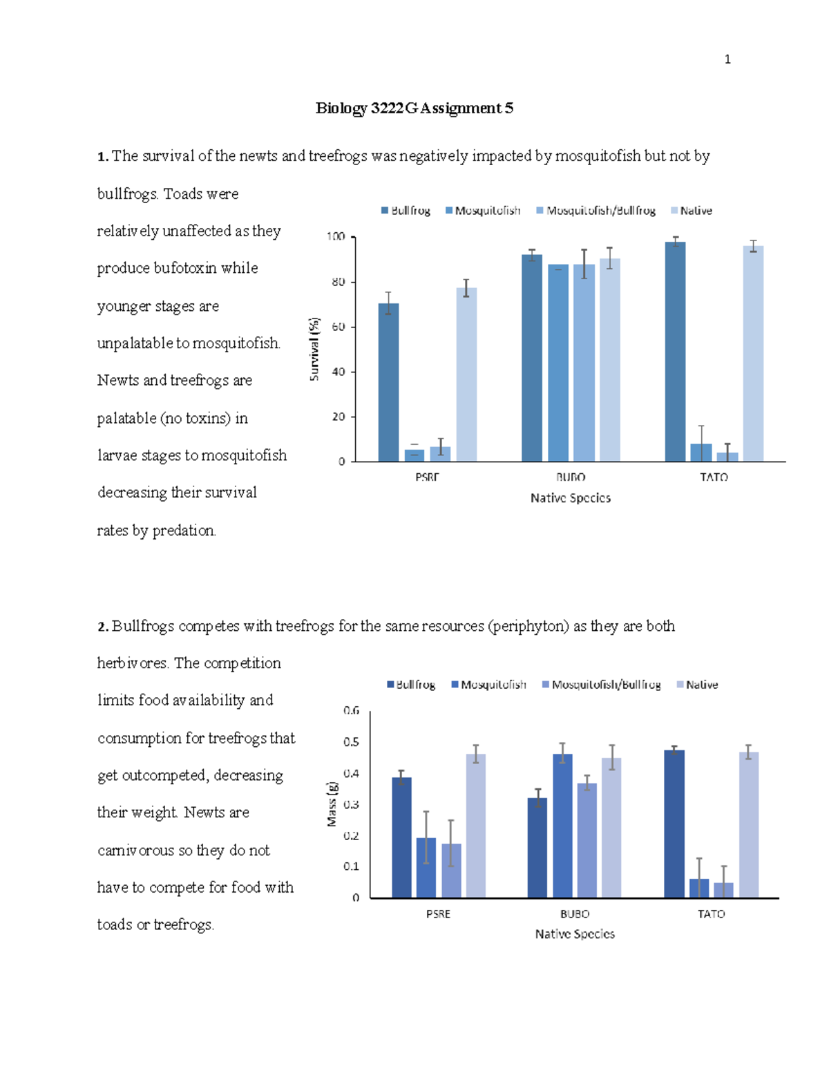 Assignment 5: Invasive Species - 1 Biology Assignment 5 1. The survival ...