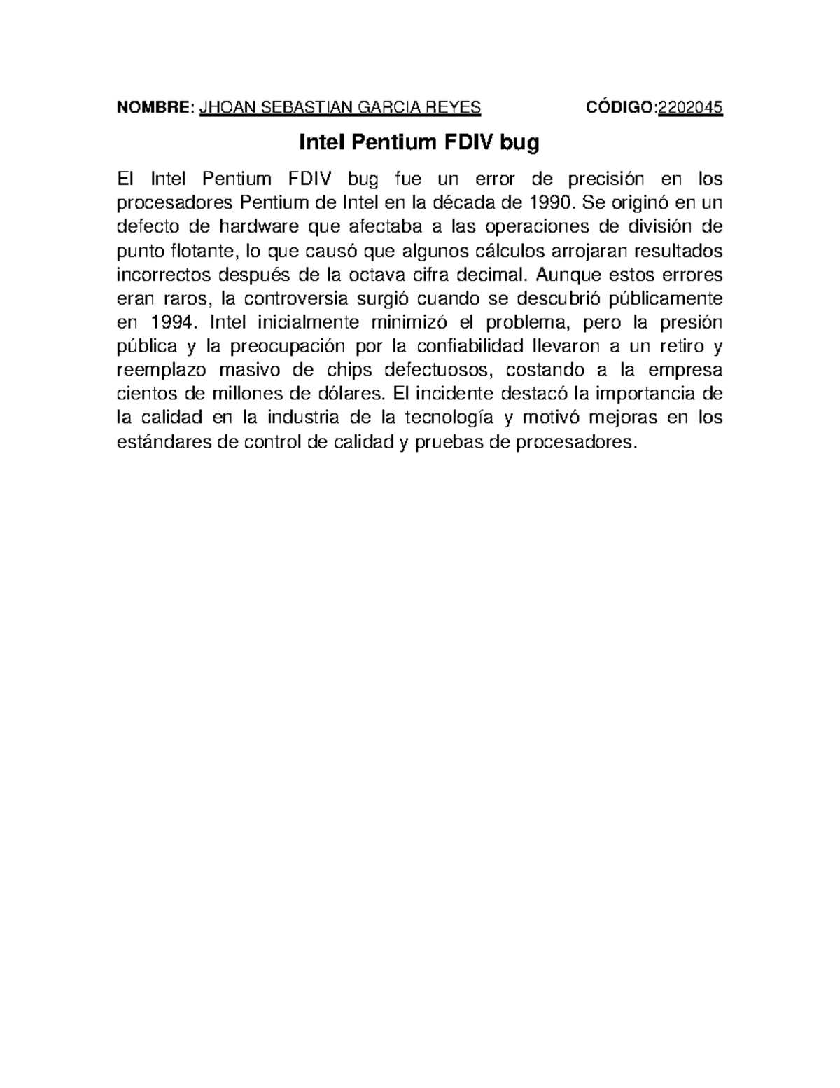 Intel Pentium FDIV bug Jhoan Sebastian Garcia Reyes 2202045 - NOMBRE ...
