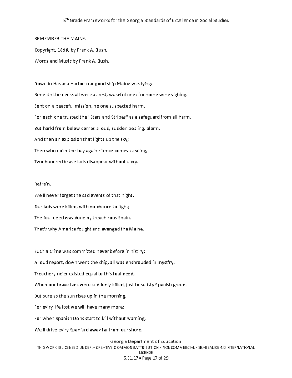 Jaidyn Watson - Copy of Remember the Maine Lyrics - 5 th Grade ...