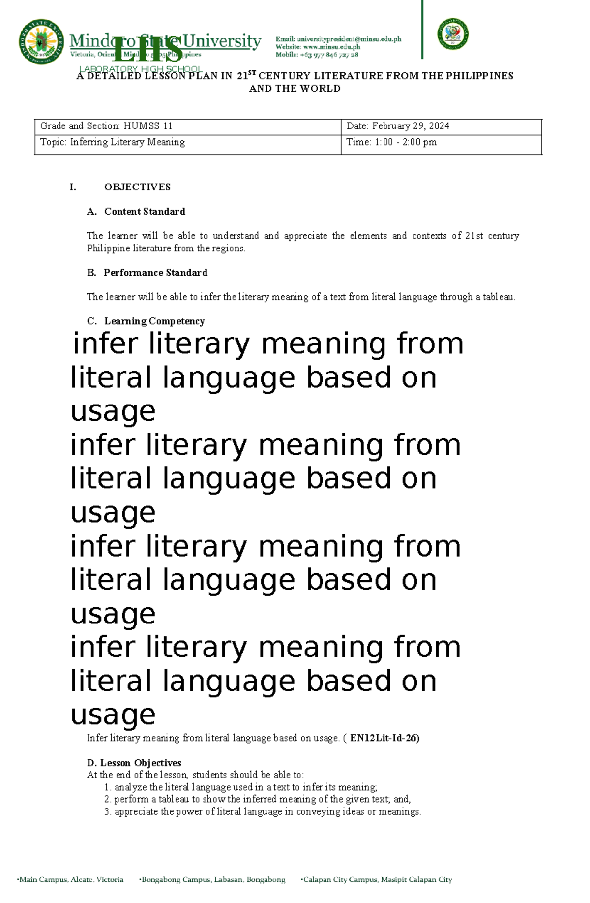 Literal Language - LABORATORY HIGH SCHOOL A DETAILED LESSON PLAN IN ...