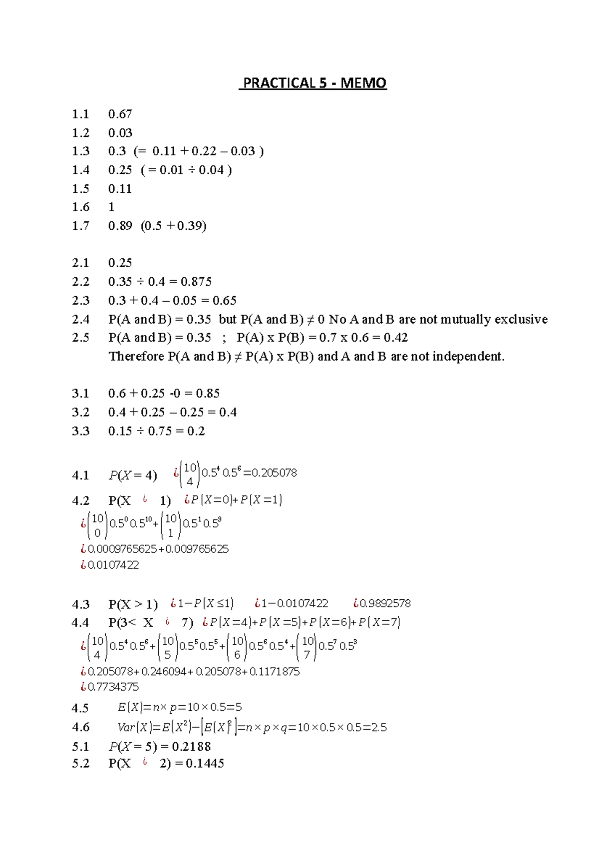 Practical 5 Memo - PRACTICAL 5 - MEMO 1 0. 1 0. 1 0 (= 0 + 0 – 0 ) 1 0 ...