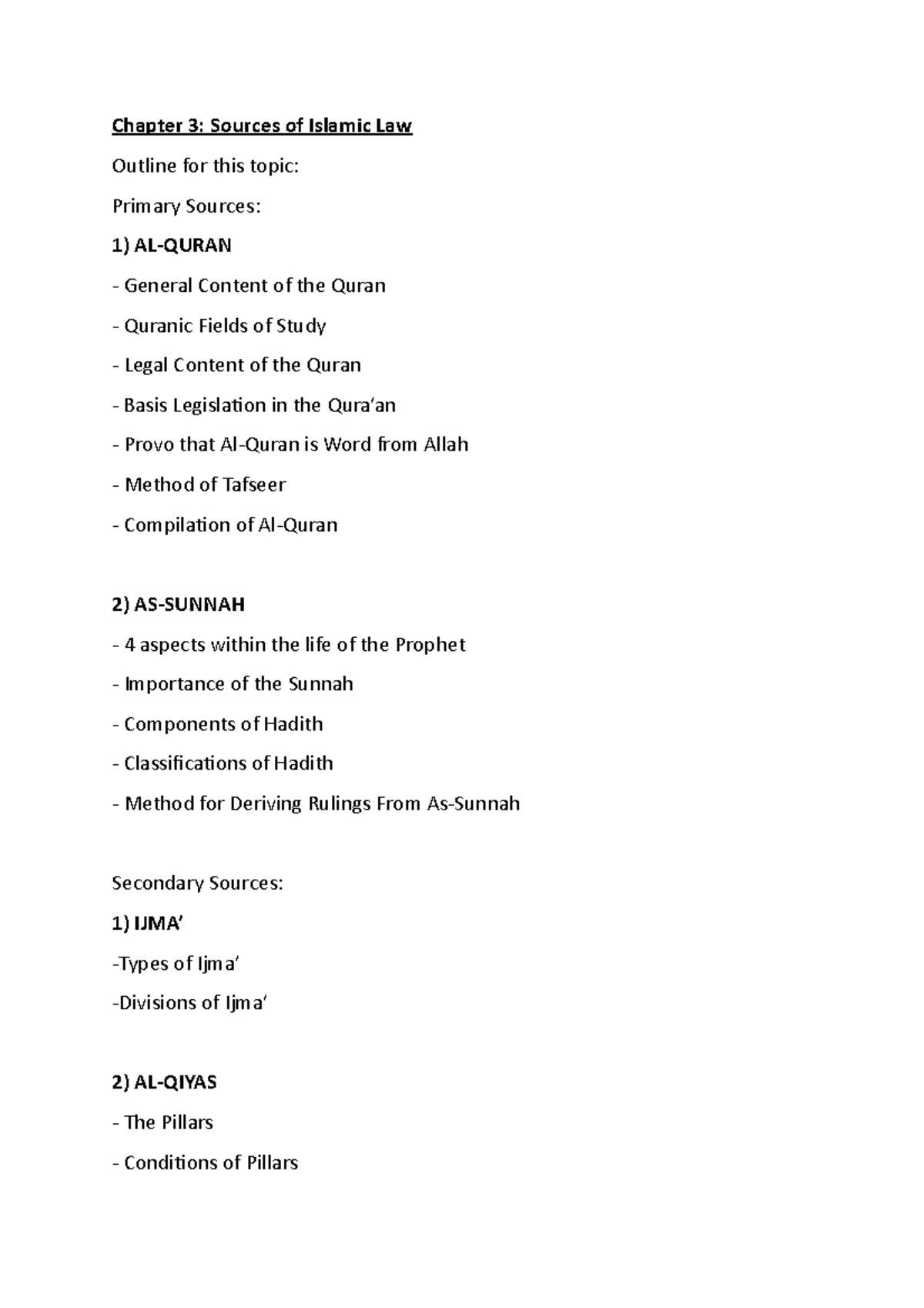 Syariah C3 - short notes - Chapter 3: Sources of Islamic Law Outline ...