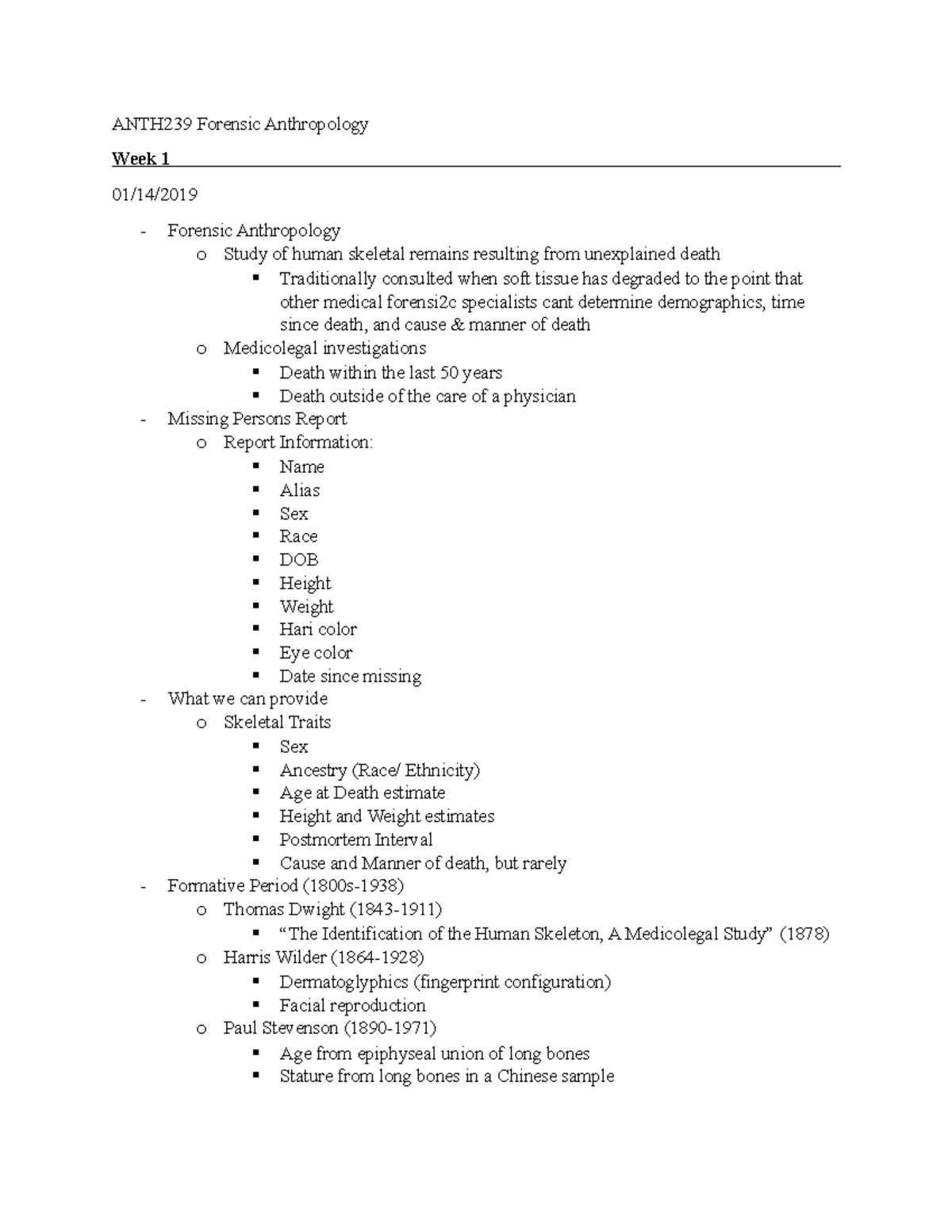 ANTH239 Forensic Anthropology Notes - ANTH239 Forensic Anthropology ...