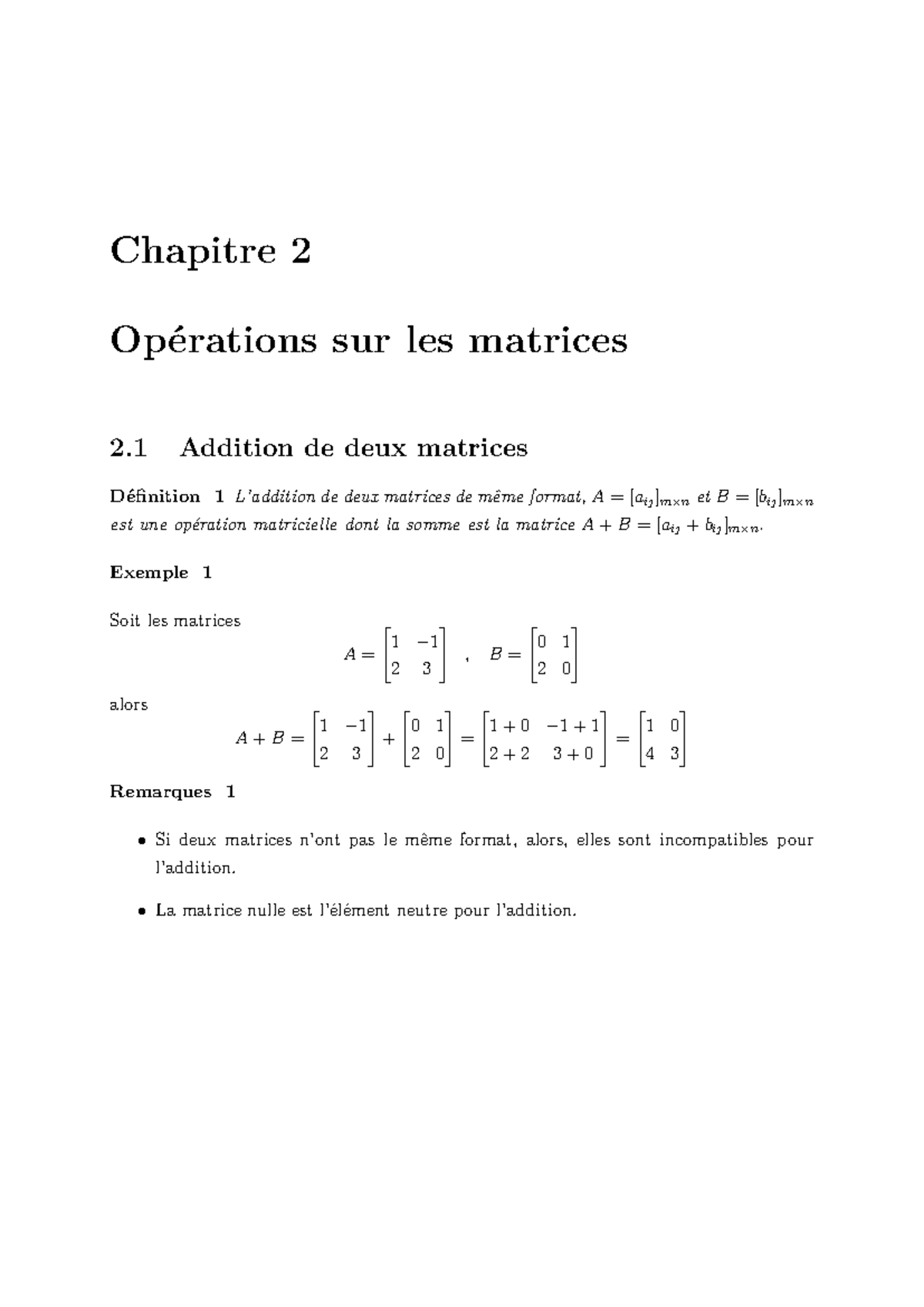 Chap2Operations Matrices - Chapitre 2 Opérations sur les matrices 2 ...