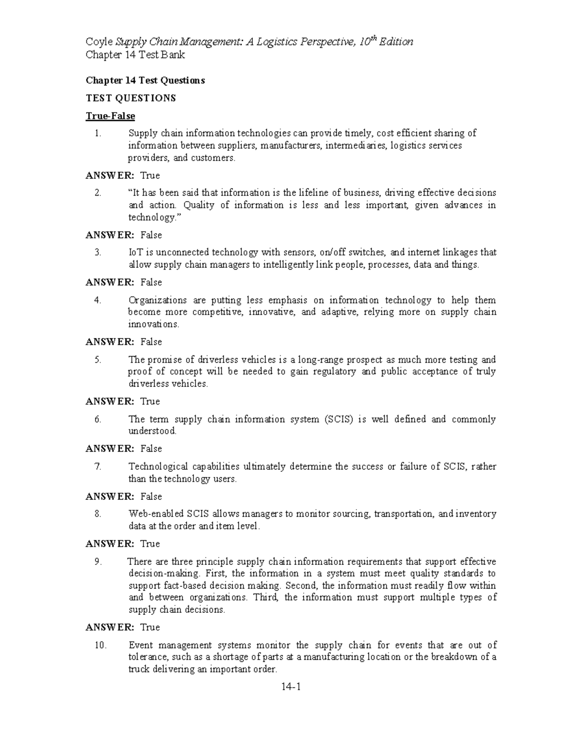 Ch. 14 - 10e test questions - Chapter 14 Test Bank Chapter 14 Test ...