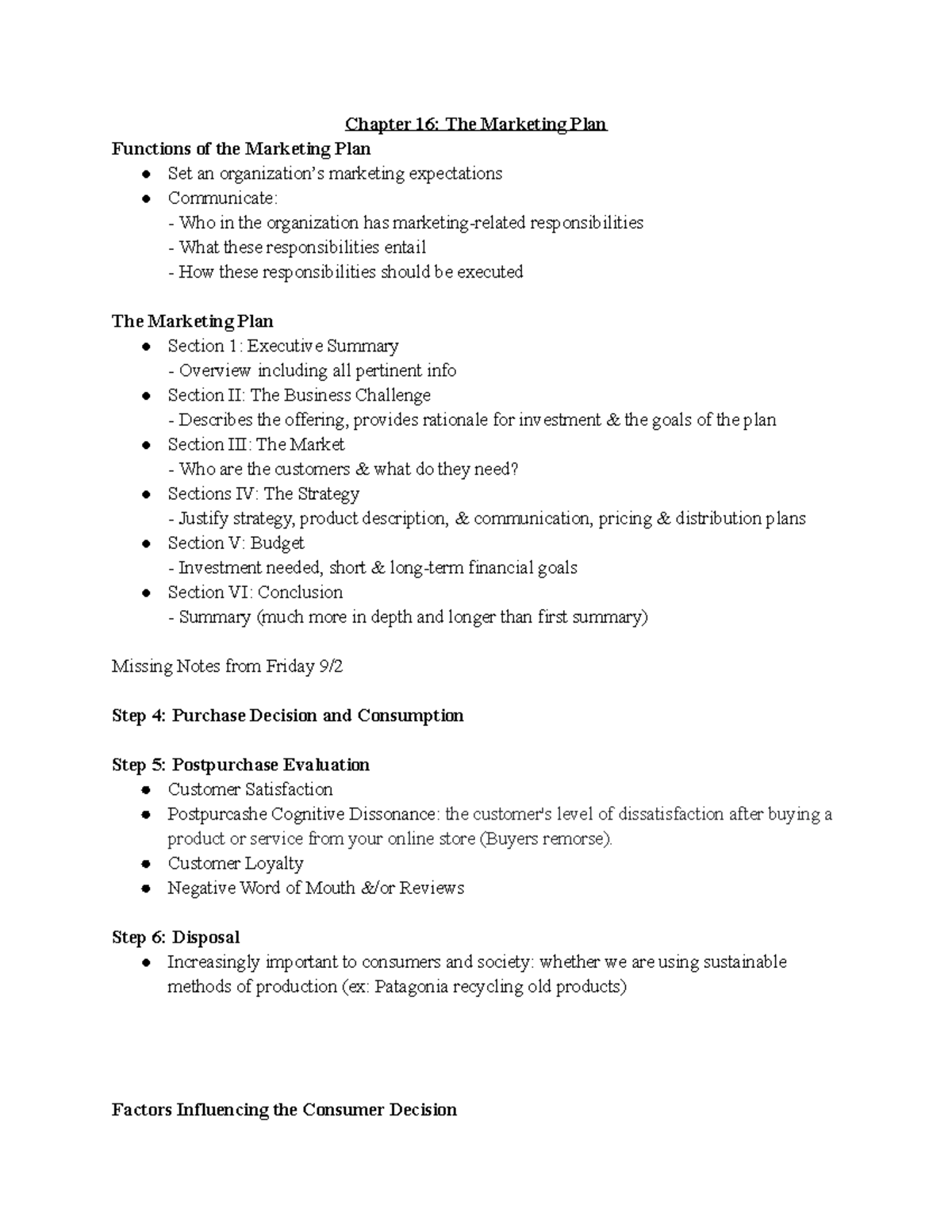 Chapter 16 Notes - Chapter 16: The Marketing Plan Functions of the ...