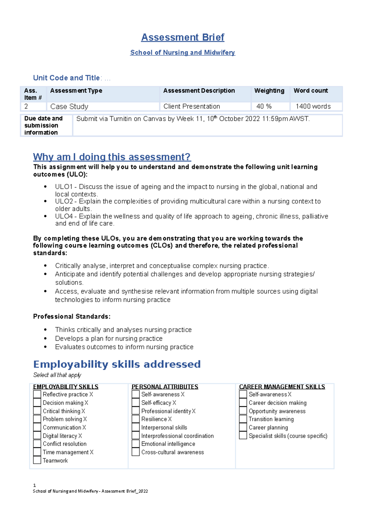 Assessment 2 Assessment Brief-1 - Assessment Brief School of Nursing ...