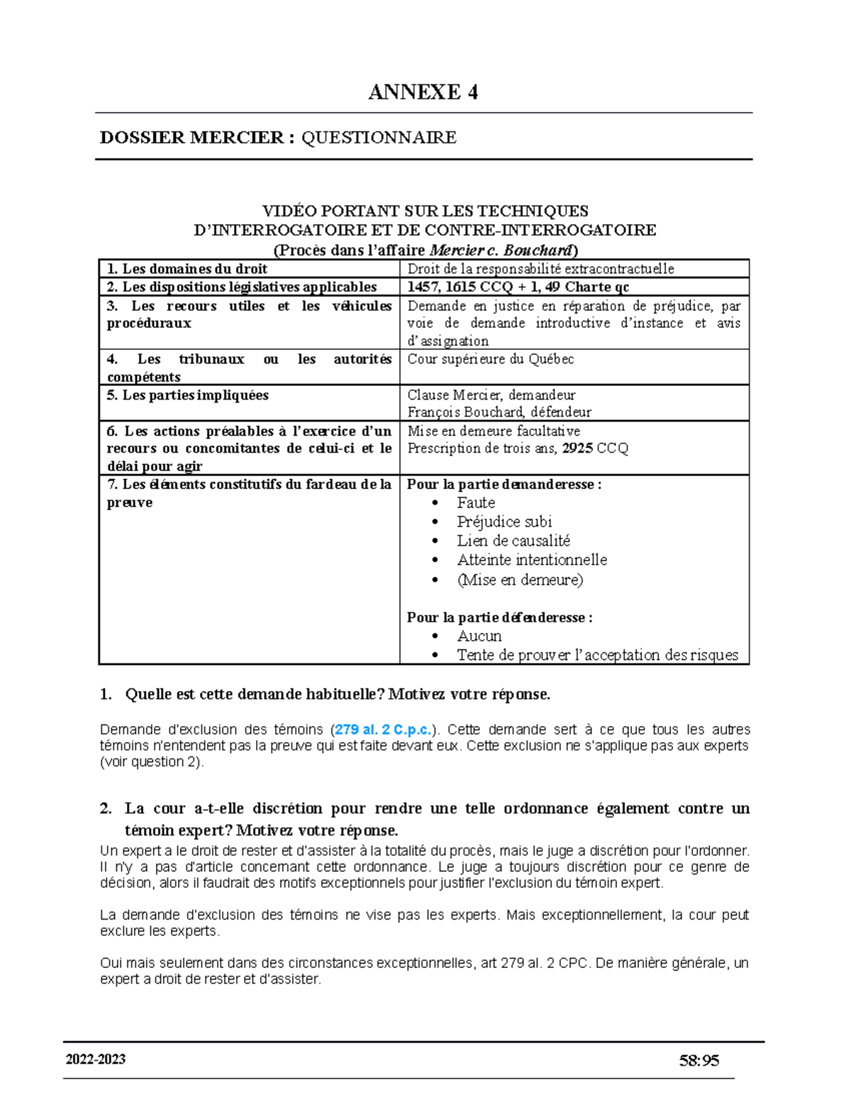 Annexe 4 - Dossier Mercier - Questionnaire - ANNEXE 4 DOSSIER MERCIER ...