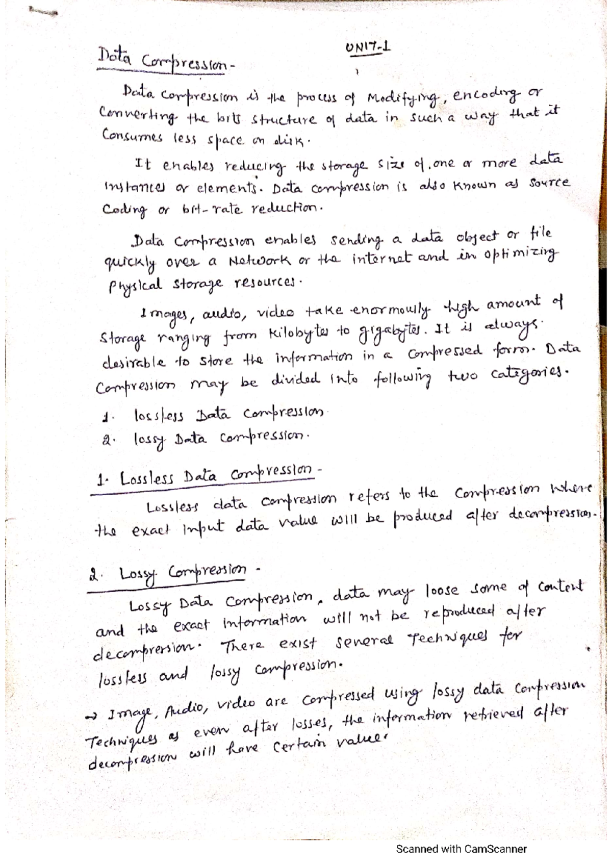 Data Compression Unit 1 - Data Data compression is the process of ...