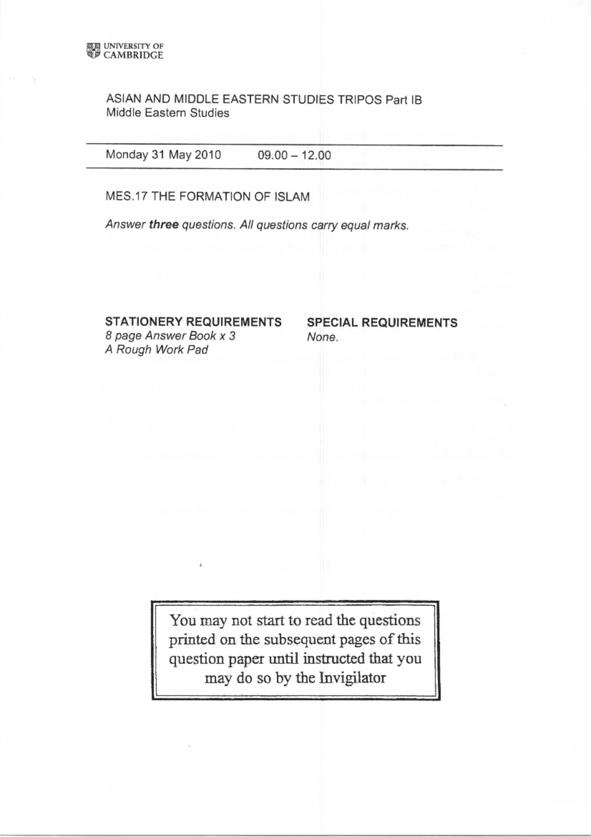 Exam 2010, questions - UNIVERSITY 0F r CAMBRIDGE ASIAN AND MIDDLE ...