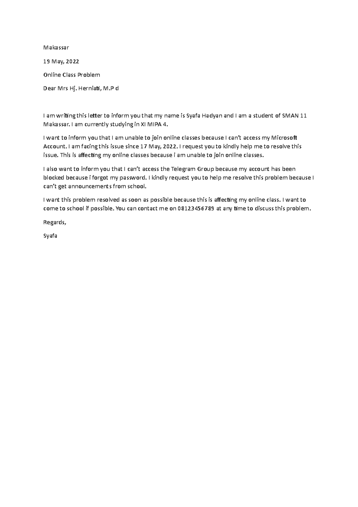 Assignment 25 Complaint Letter Syafa Hadyan R - Makassar 19 May, 2022 ...