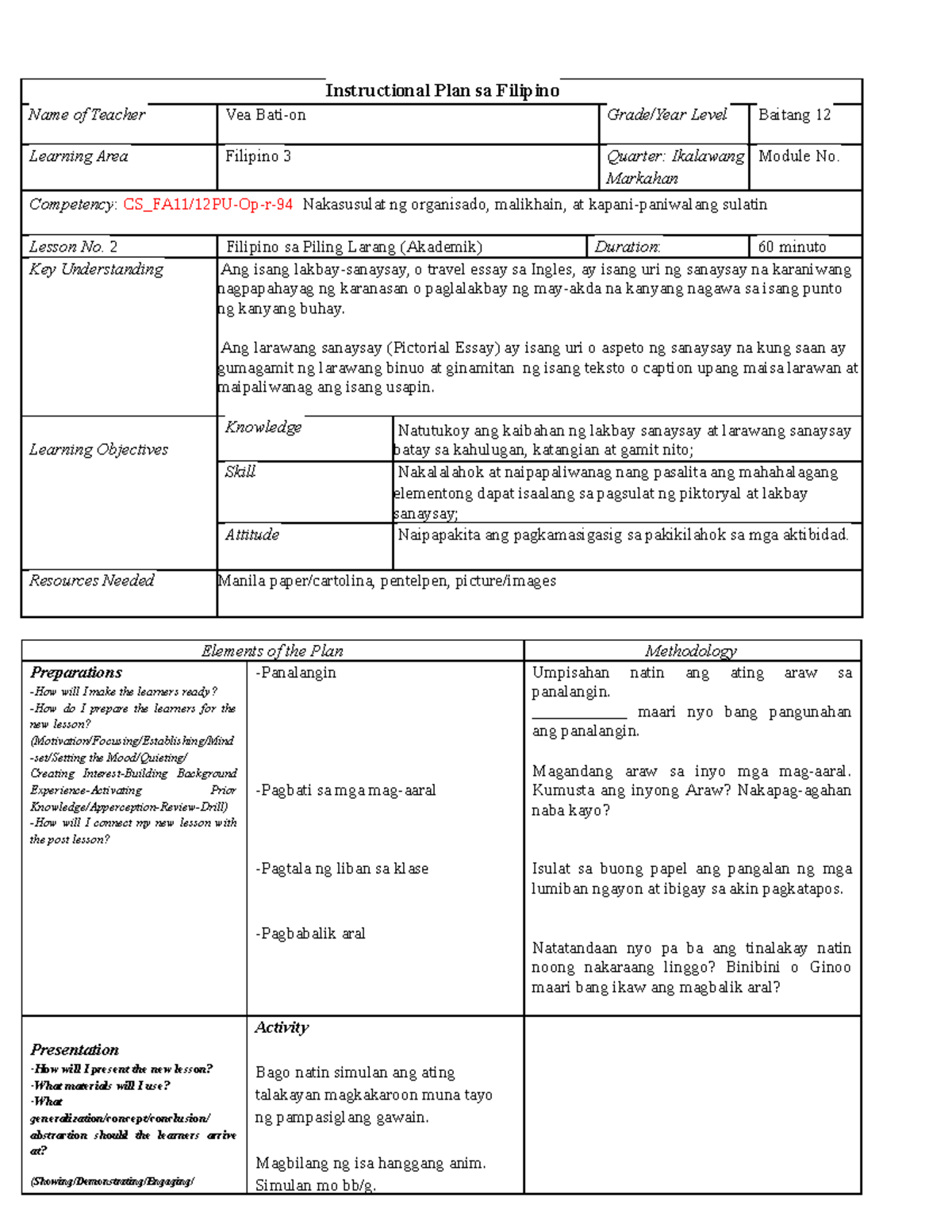 Instructional PLAN SA Filipino final - Instructional Plan sa Filipino ...